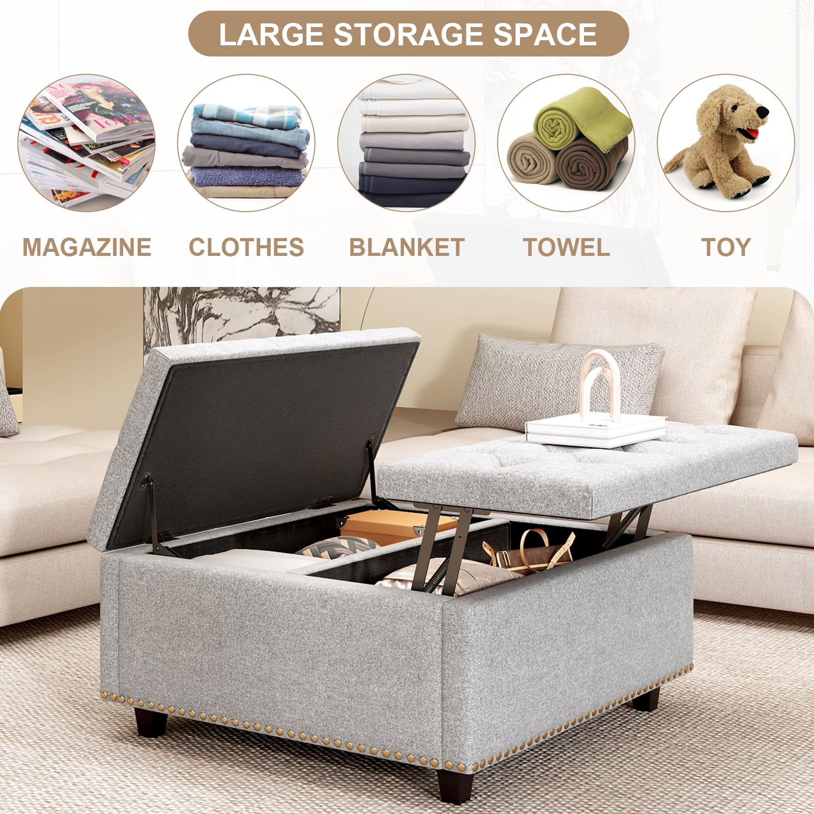 Large Square Foot Stool with Storage, Linen Ottoman with Storage with ...