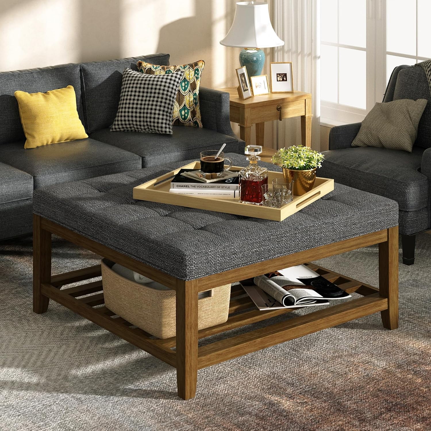 Large Square Ottoman Coffee Table, Linen Solid Upholstered Footrest ...