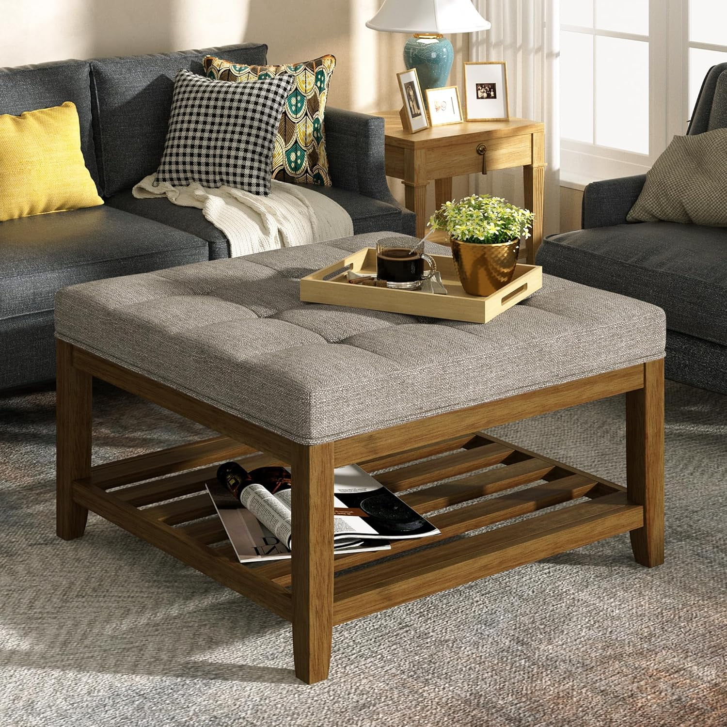 Large Square Ottoman Coffee Table, Linen Solid Upholstered Footrest ...