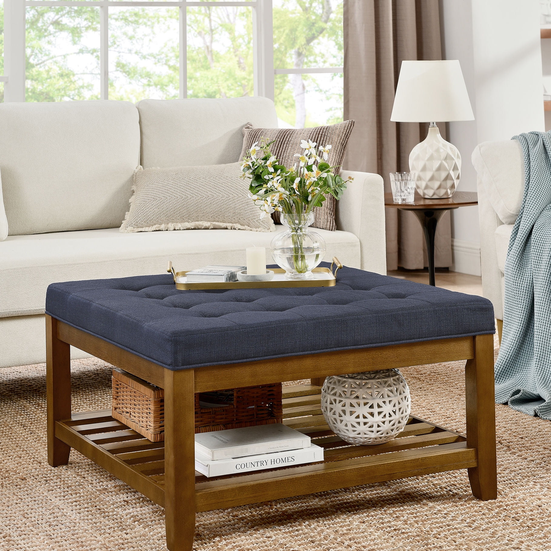 Tufted Linen Ottoman - Open Storage for Magazines - Living Space ...