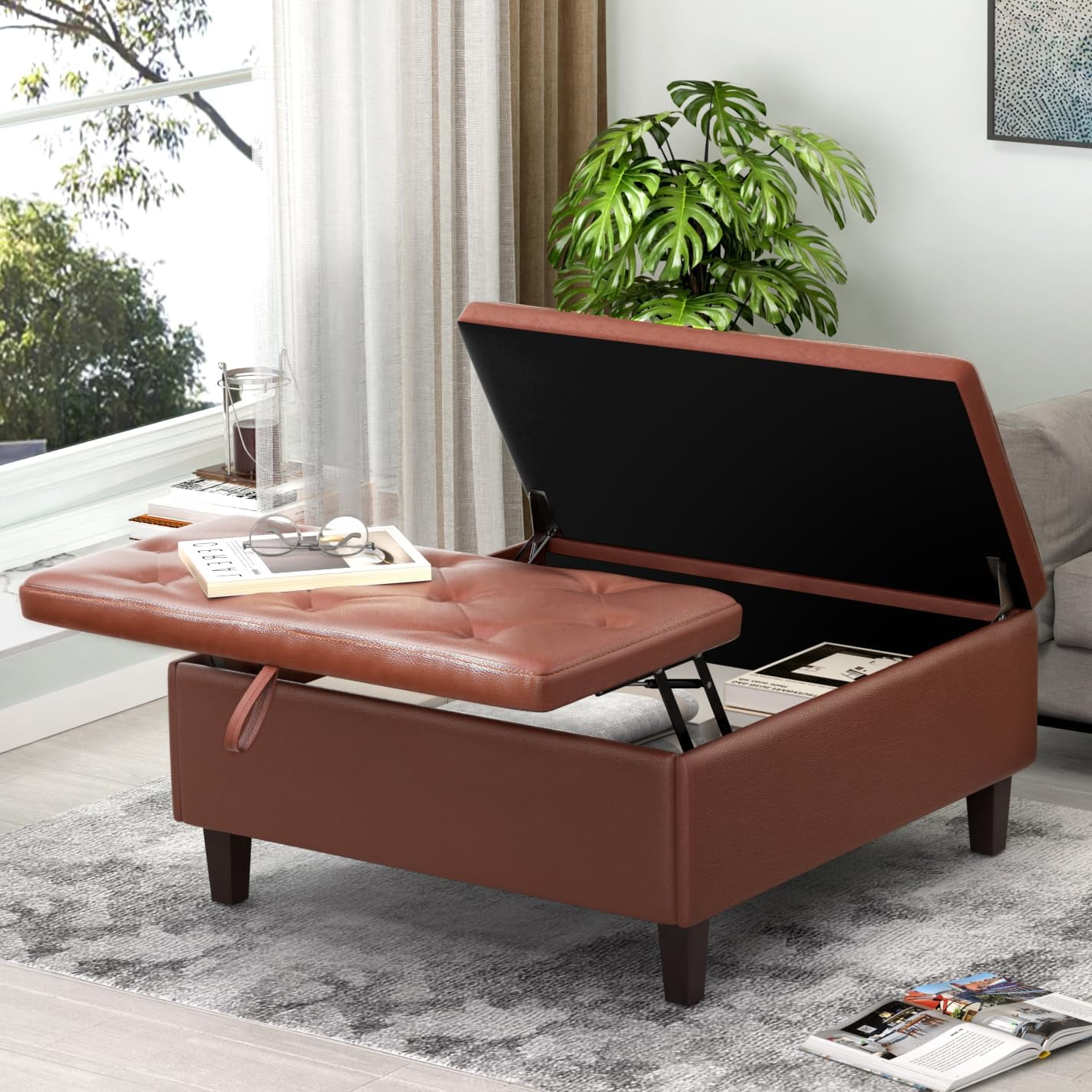 Large Square Ottoman with Lift Top Tufted Upholstered Ottoman Coffee ...