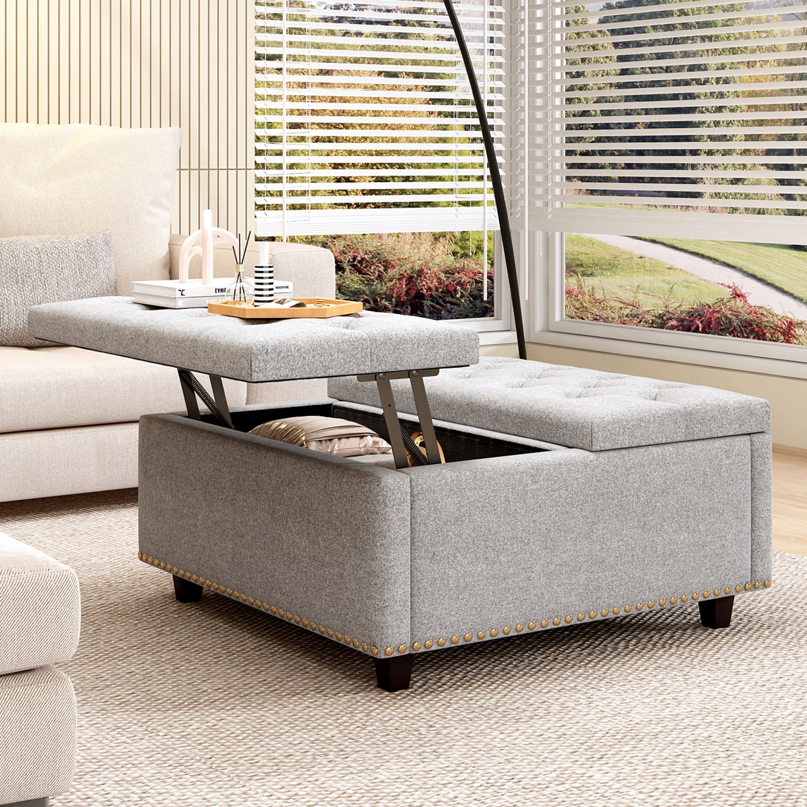 Large Square Storage Bench Ottoman - Mid-Century Modern Faux Leather ...