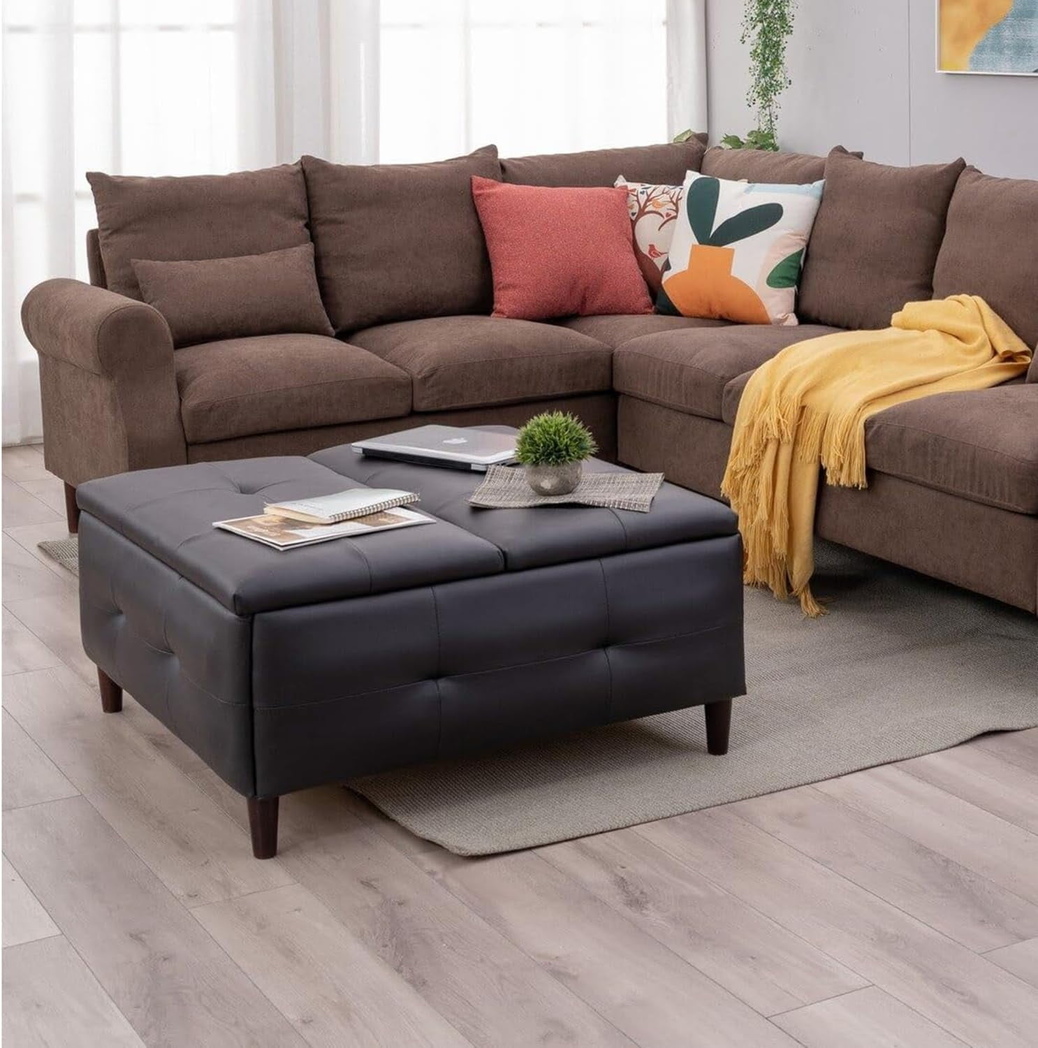 Large Square Storage Ottoman Bench, Tufted Upholstered Coffee Table ...