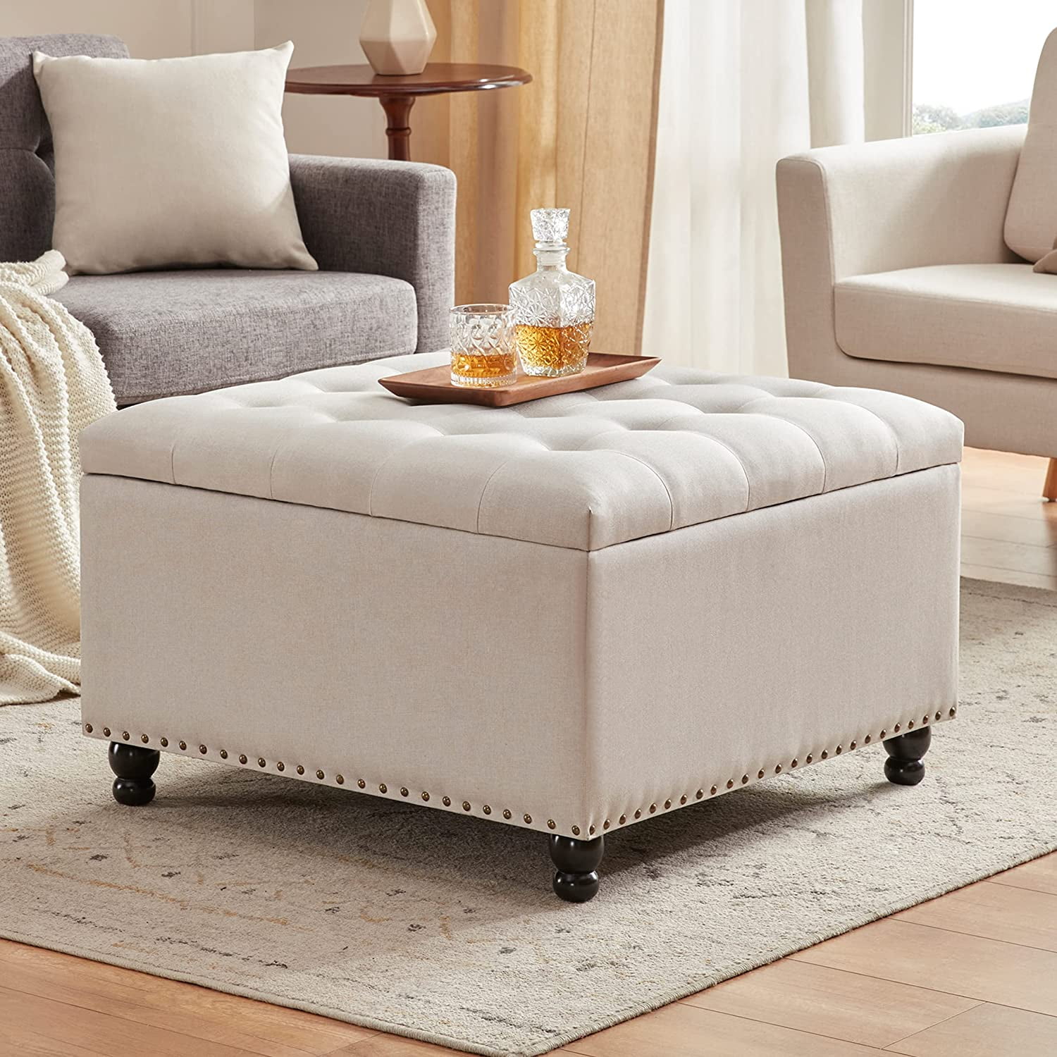 Large Square Storage Ottoman Bench Tufted Upholstered Coffee Table