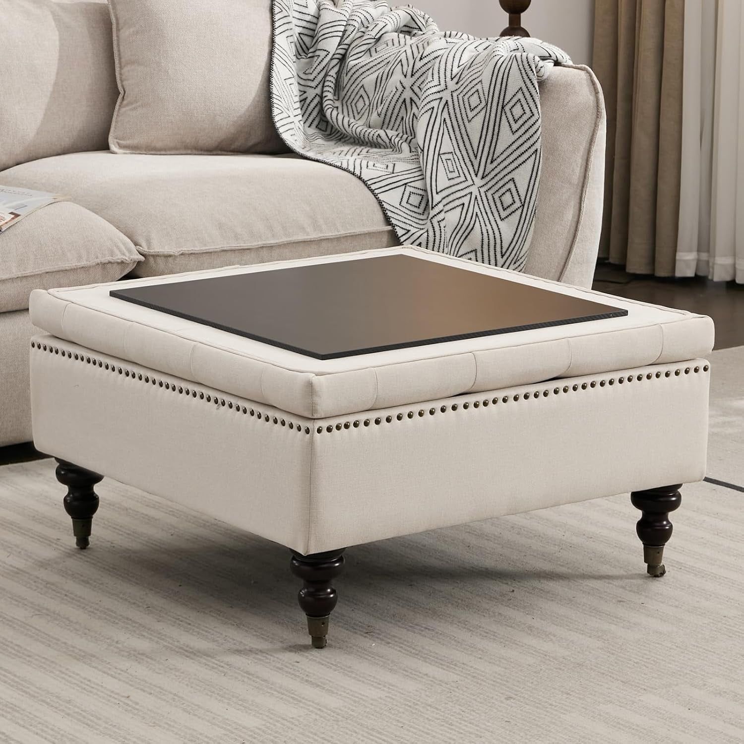Large Square Storage Ottoman Uphlostered Tufted Button Coffee Table ...