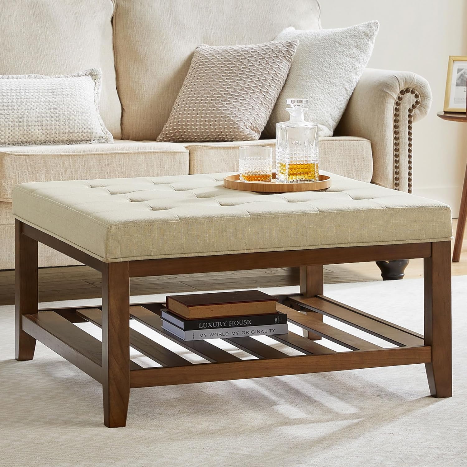 Large Square Upholstered Tufted Linen Ottoman Coffee Table & Fabric ...