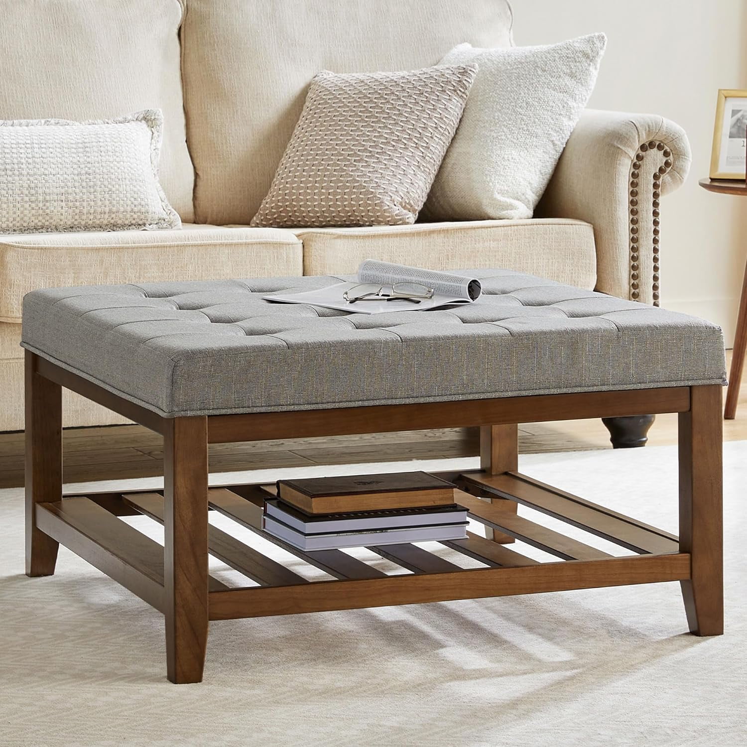 Large Upholstered Tufted Linen Ottoman, Coffee Table with Wood Shelf ...