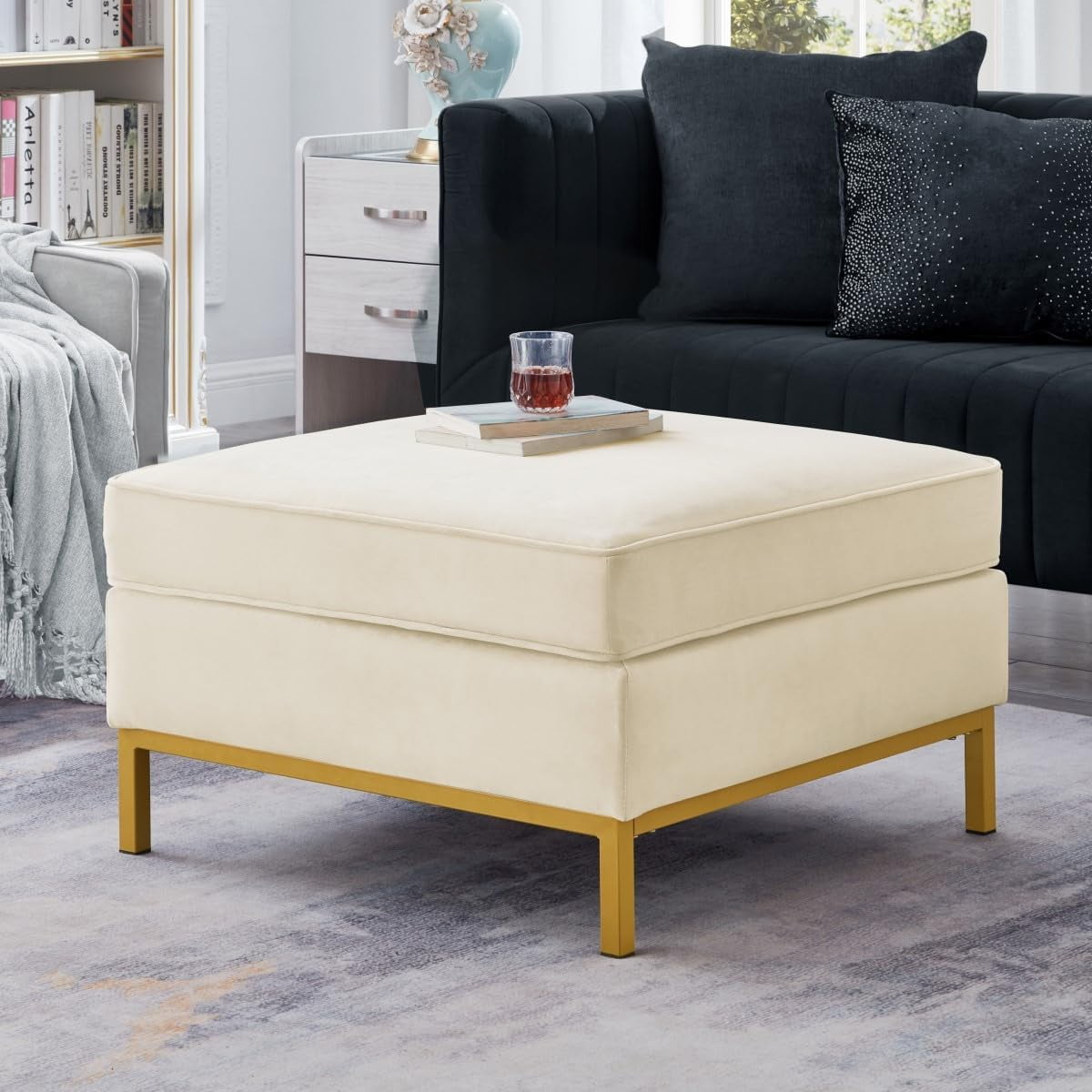 Large Square Velvet Ottoman with Gold Base - Plush Footrest Stool & Coffee Table for Living Room ...