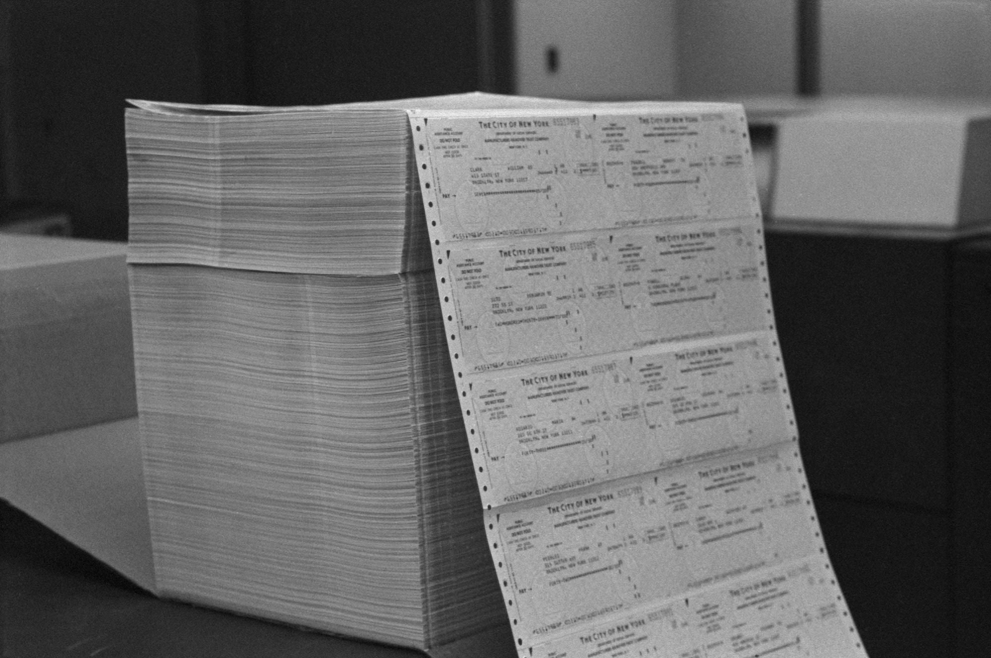 Large Stack Of Computer Generated Welfare Checks At A New York City ...