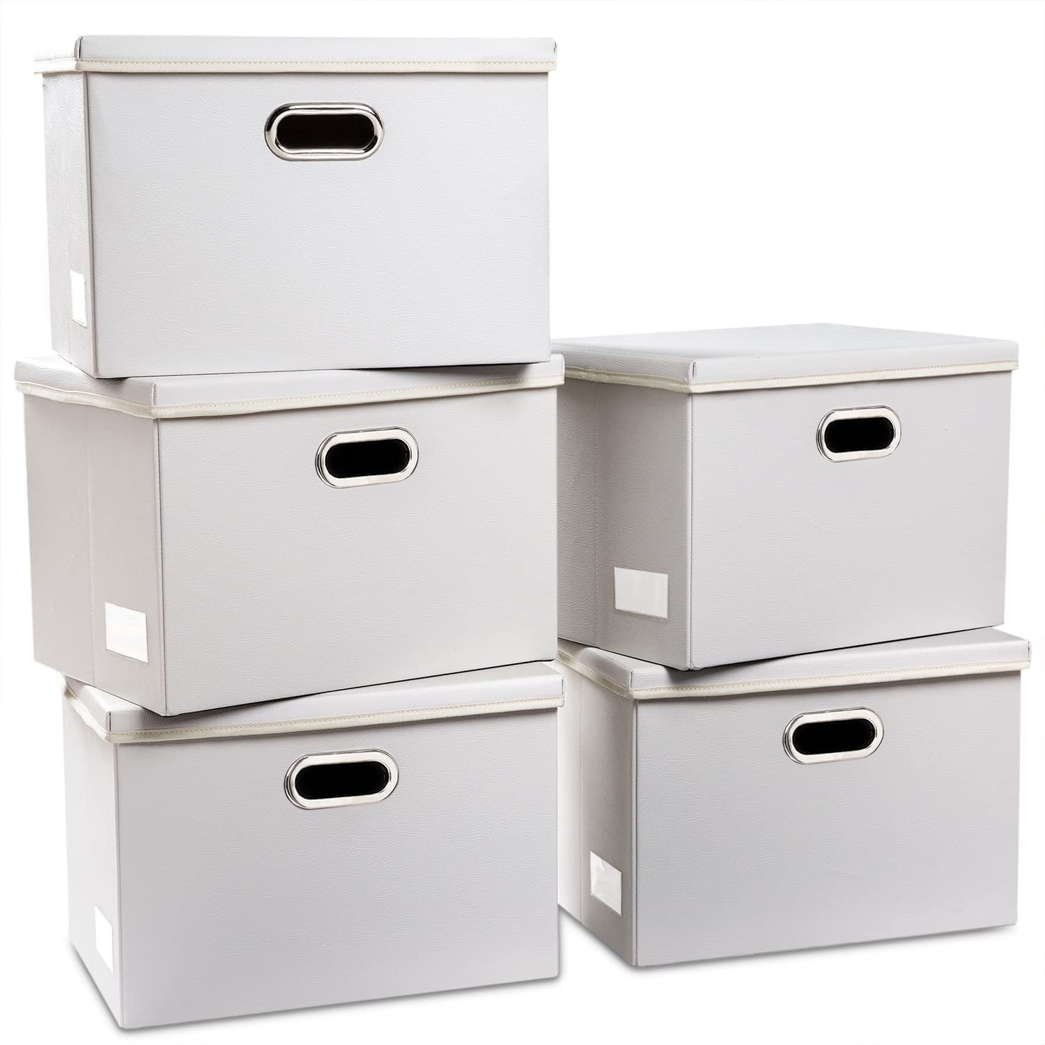 Large Stackable Storage Boxes with Lids [5-Pack] Leather Fabric ...