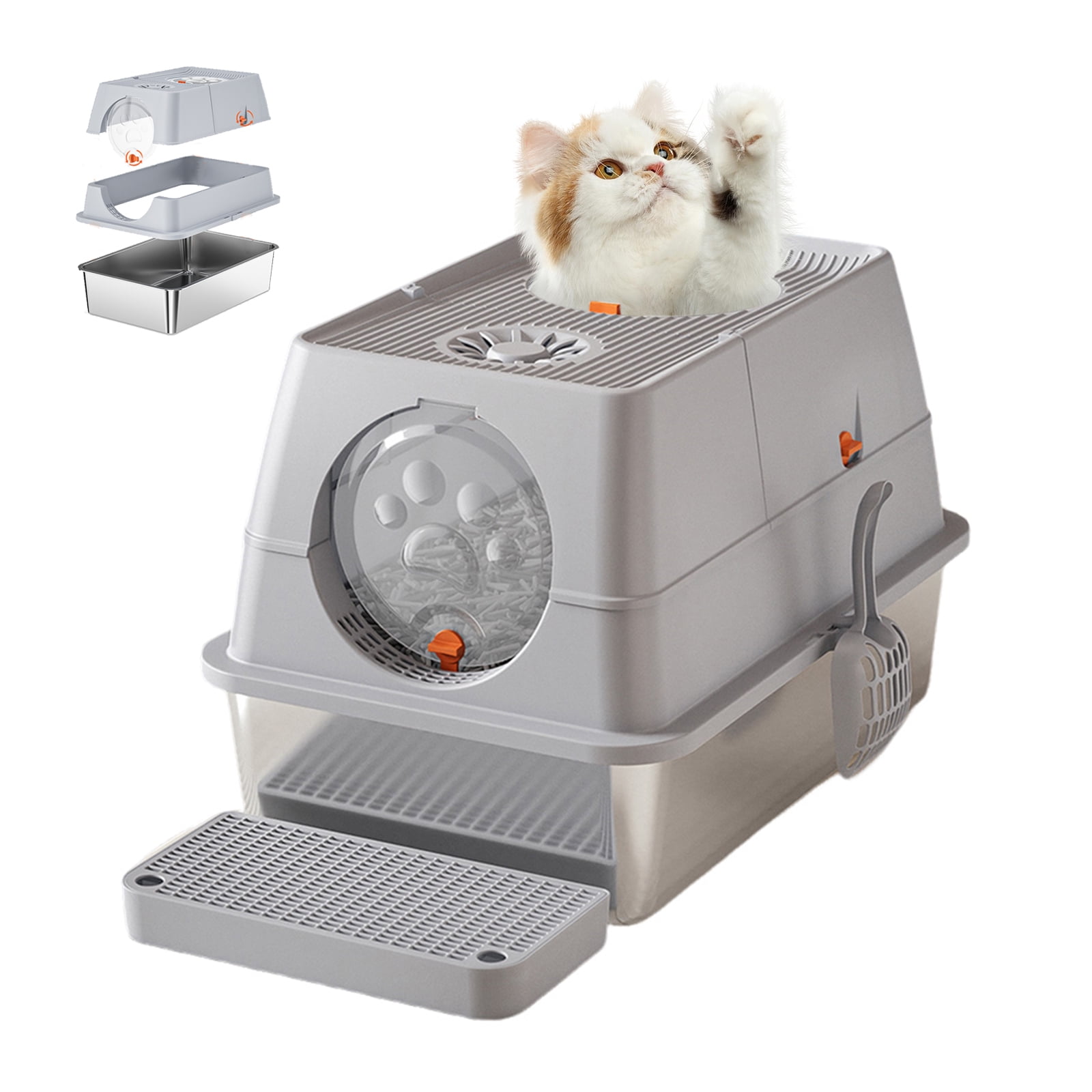 Large Stainless Steel Enclosed Cat Litter Box with Lid, Metal Kitty ...
