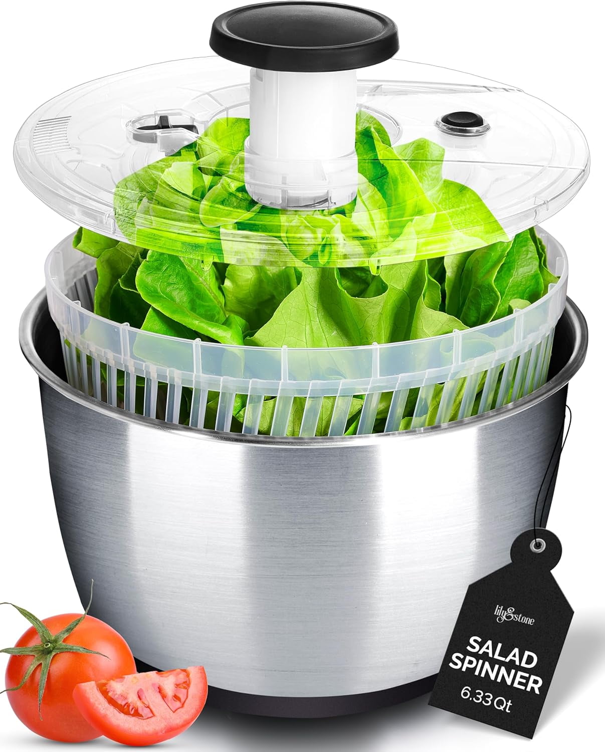 Large Stainless Steel Pump Salad Spinner with Drain, Bowl, and Colander ...