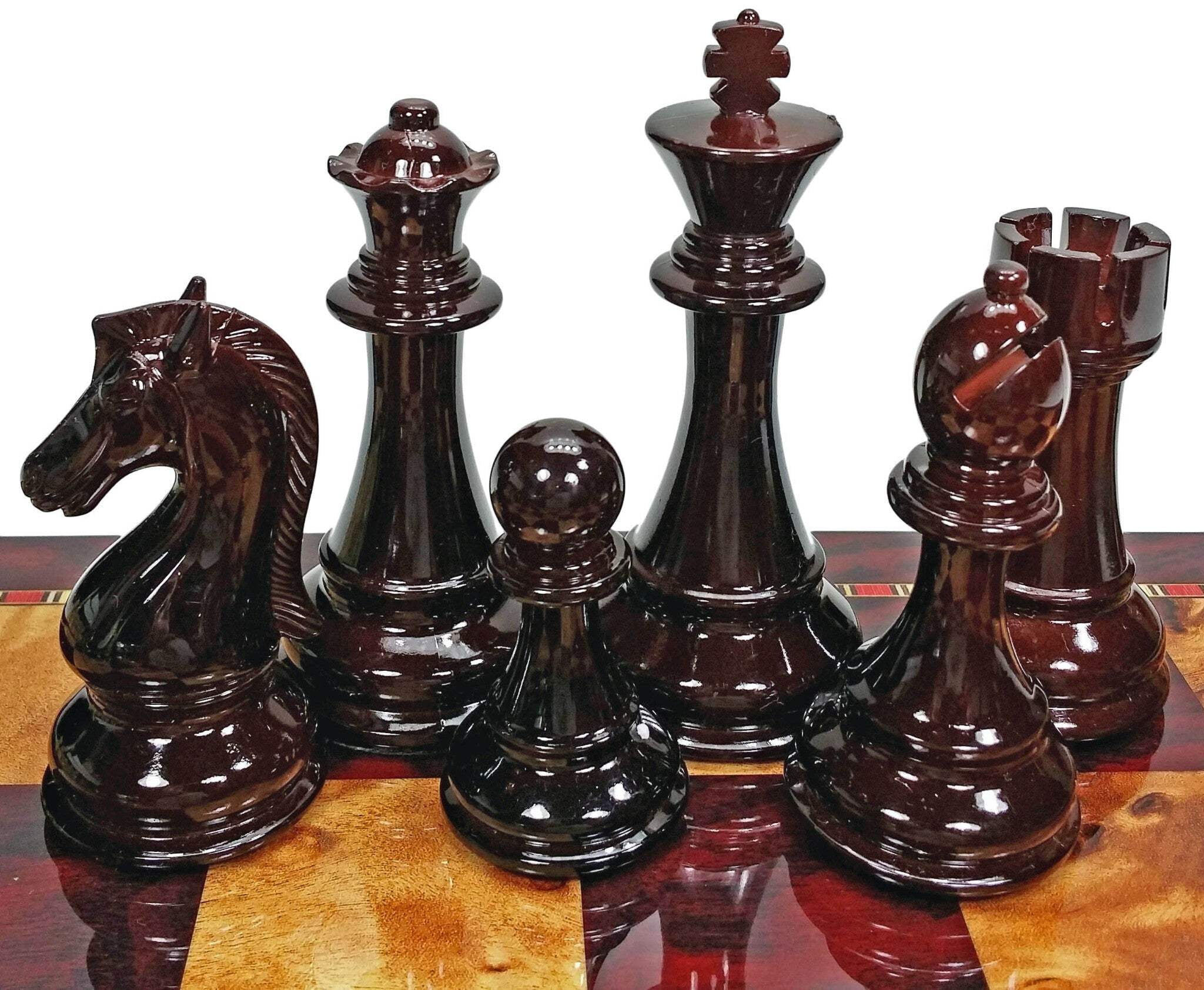 Large Staunton Burgundy Natural Gloss 4 1/4 King Chess Men Pieces Set ...