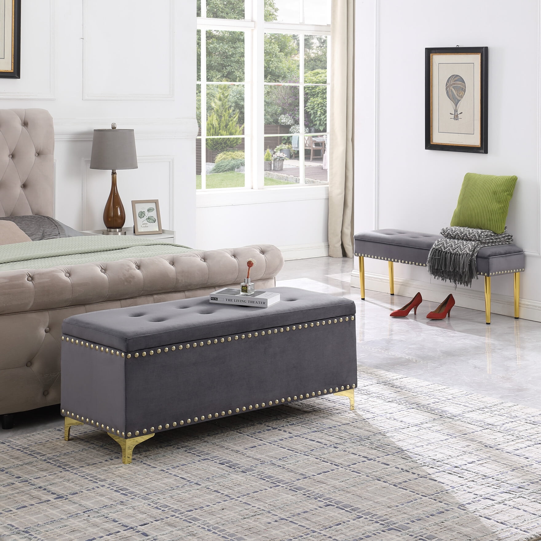 Large Storage Benches Set, Nailhead Trim 2 in 1 Combination Benches ...