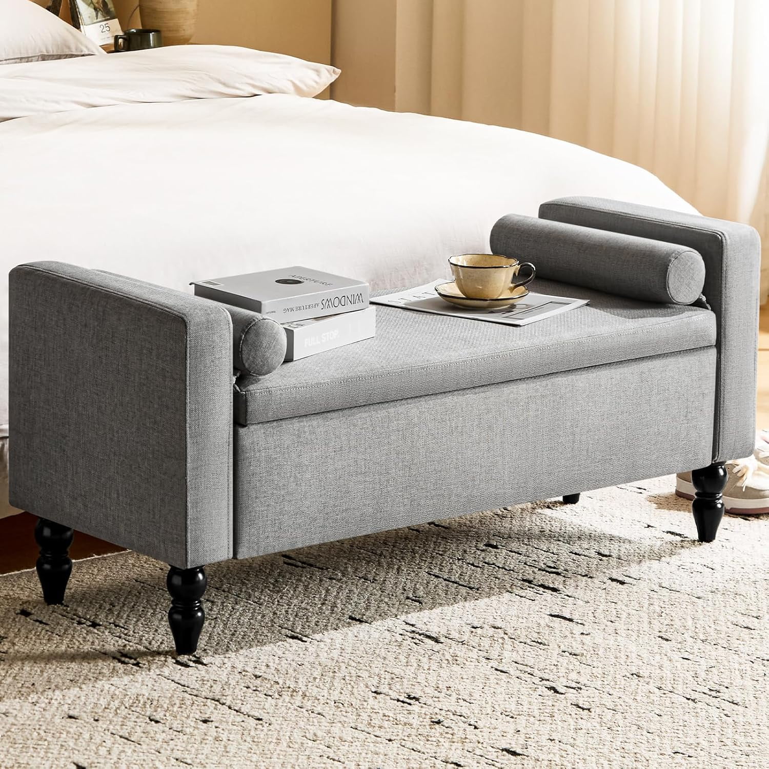 Large Storage Ottoman Bench, 45.7" Linen Upholstered Entryway Bench ...
