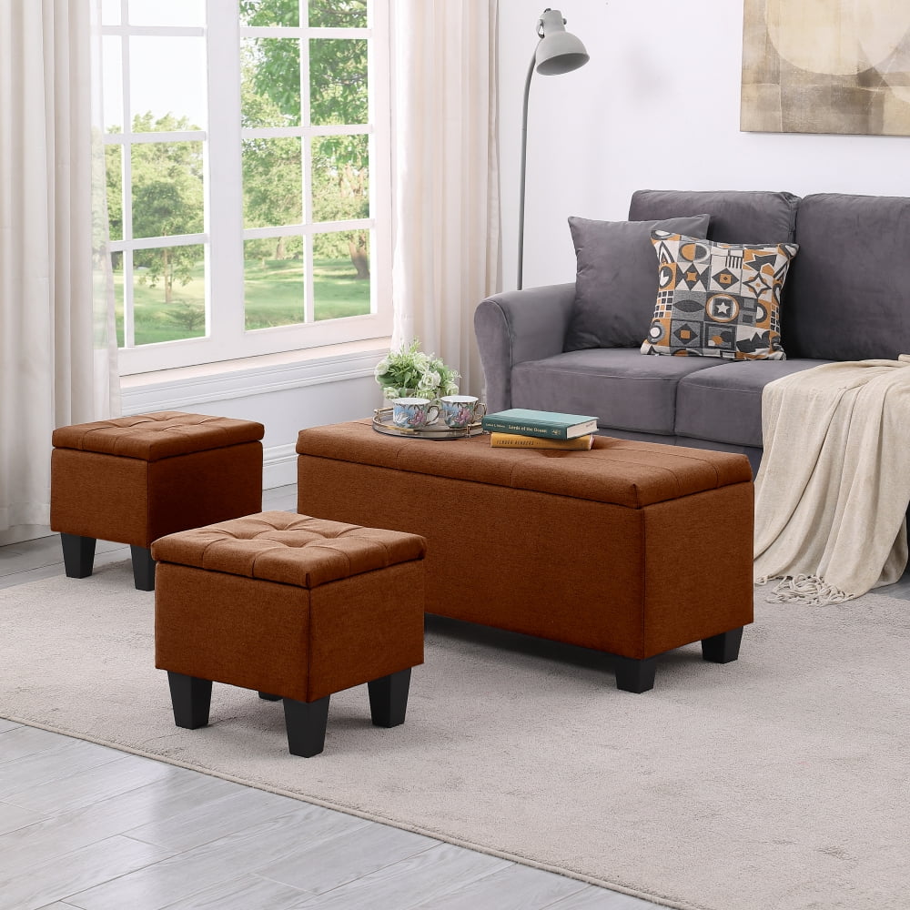 3 in 1 Large Storage Ottoman Bench Set, Tufted Linen, Footrest Stool ...