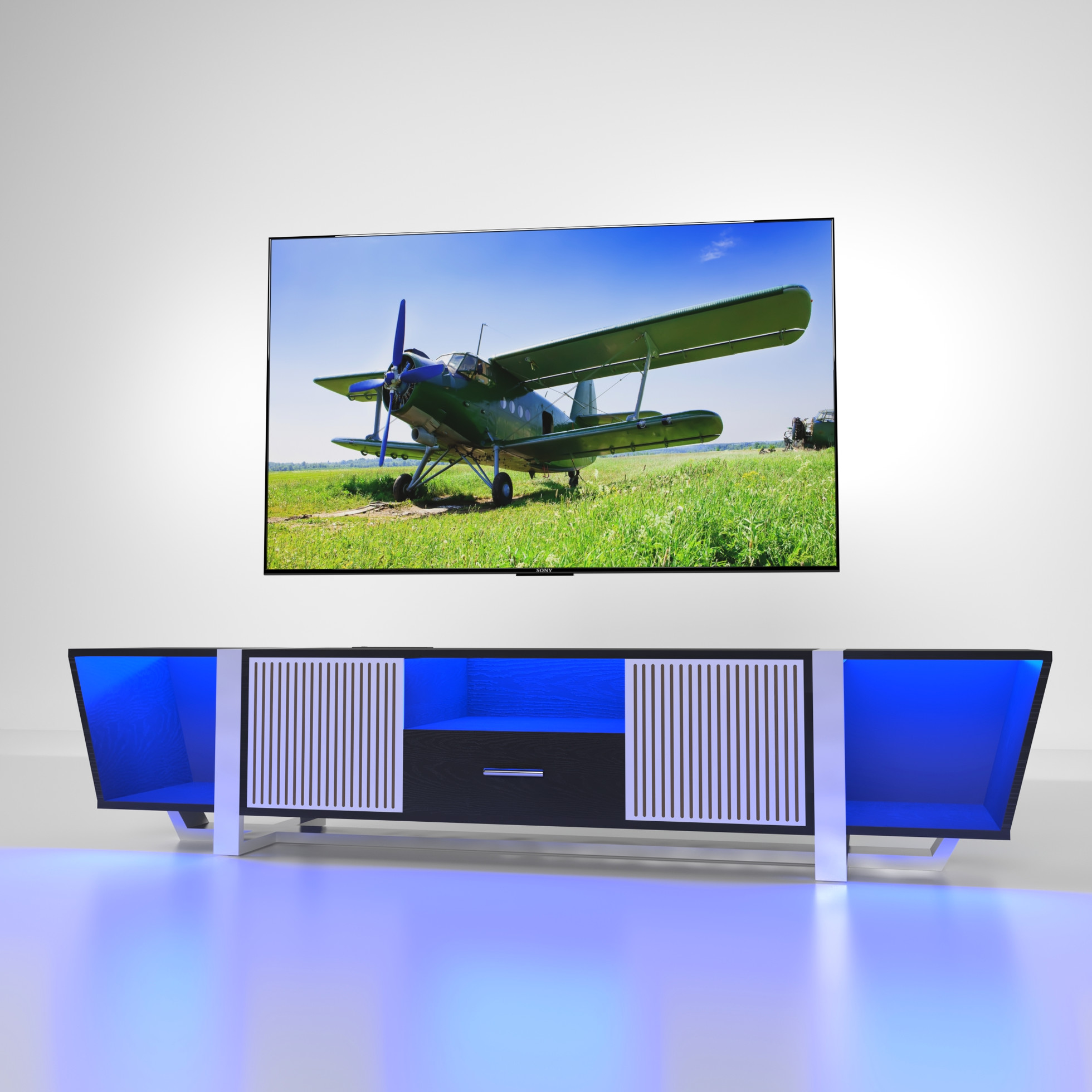 Large Storage Tv Console In Black With Biplane Shape & Remote Control ...