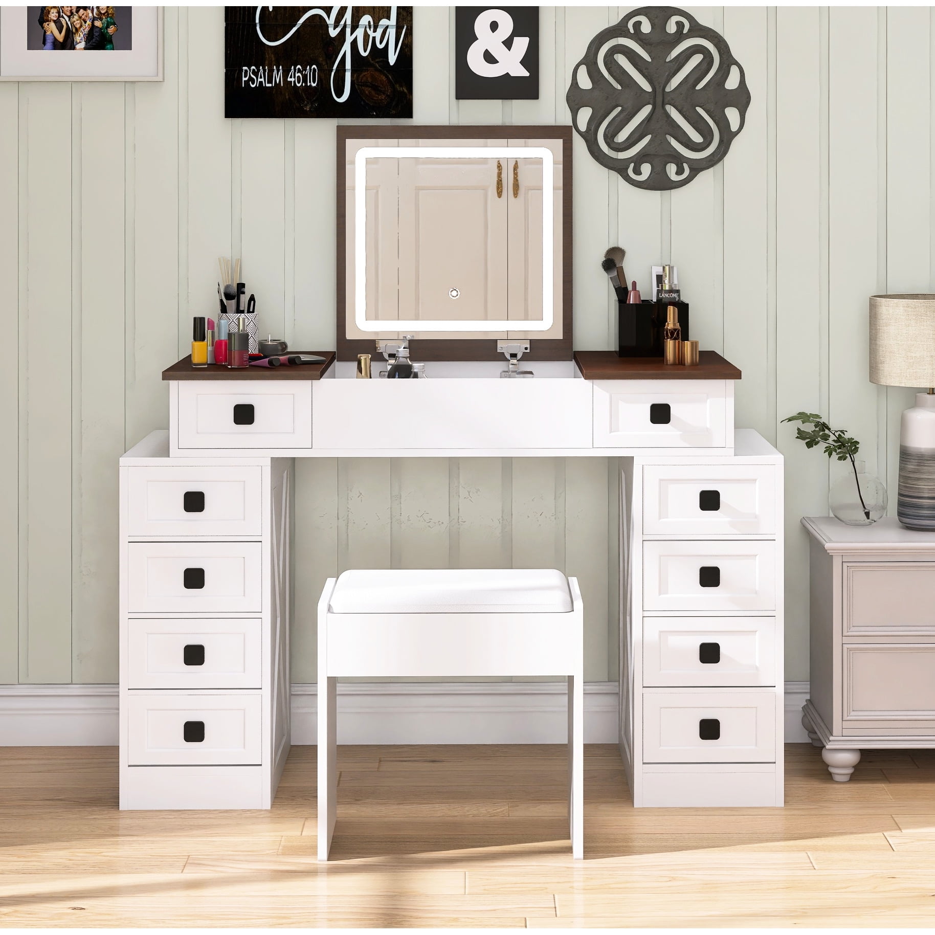 Large Storage Vanity Table With Dimmable Led. 10 Drawers, White+walnut ...