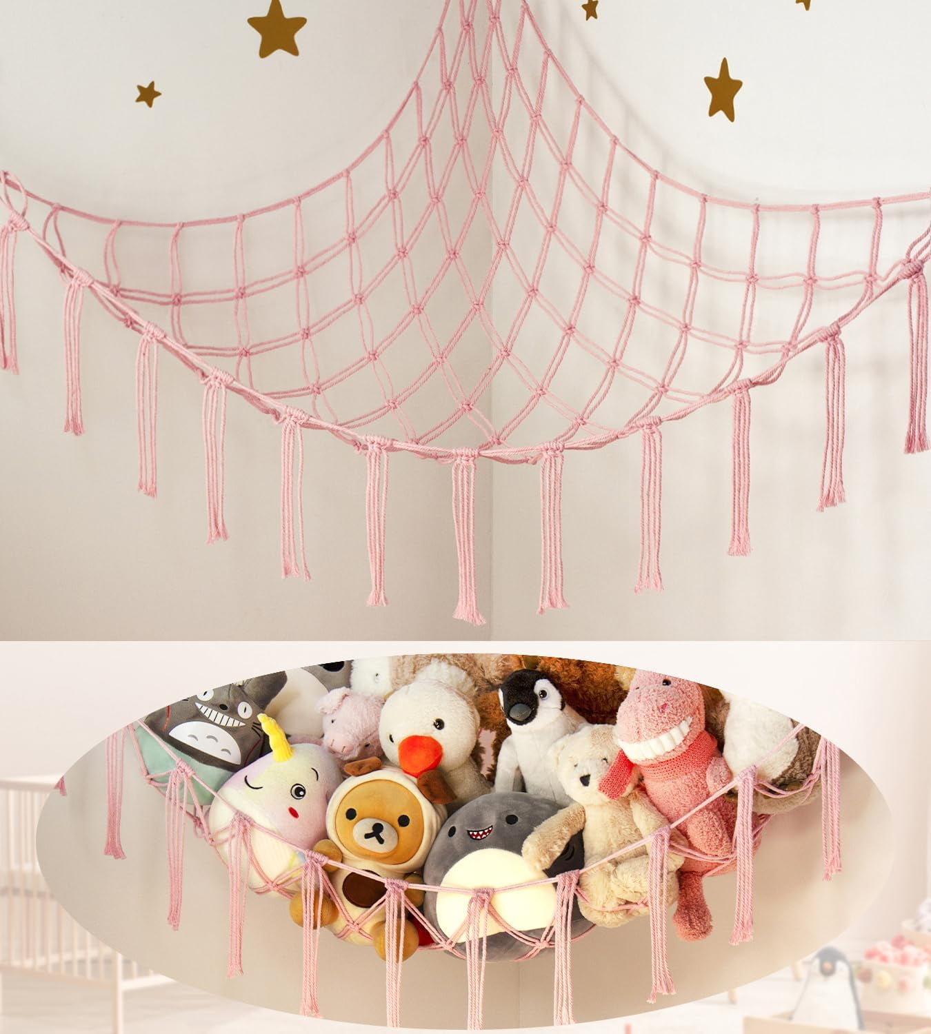 Large Stuffed Animal Storage Hammock Corner Net - Pink Room Decor for ...