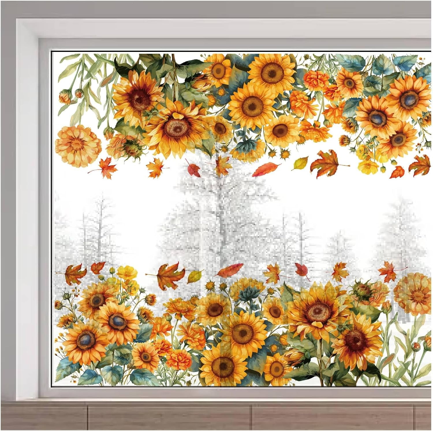 Large Sunflower Window Stickers Summer Autumn Yellow Flowers Static Glass Window Clings Reusable ...