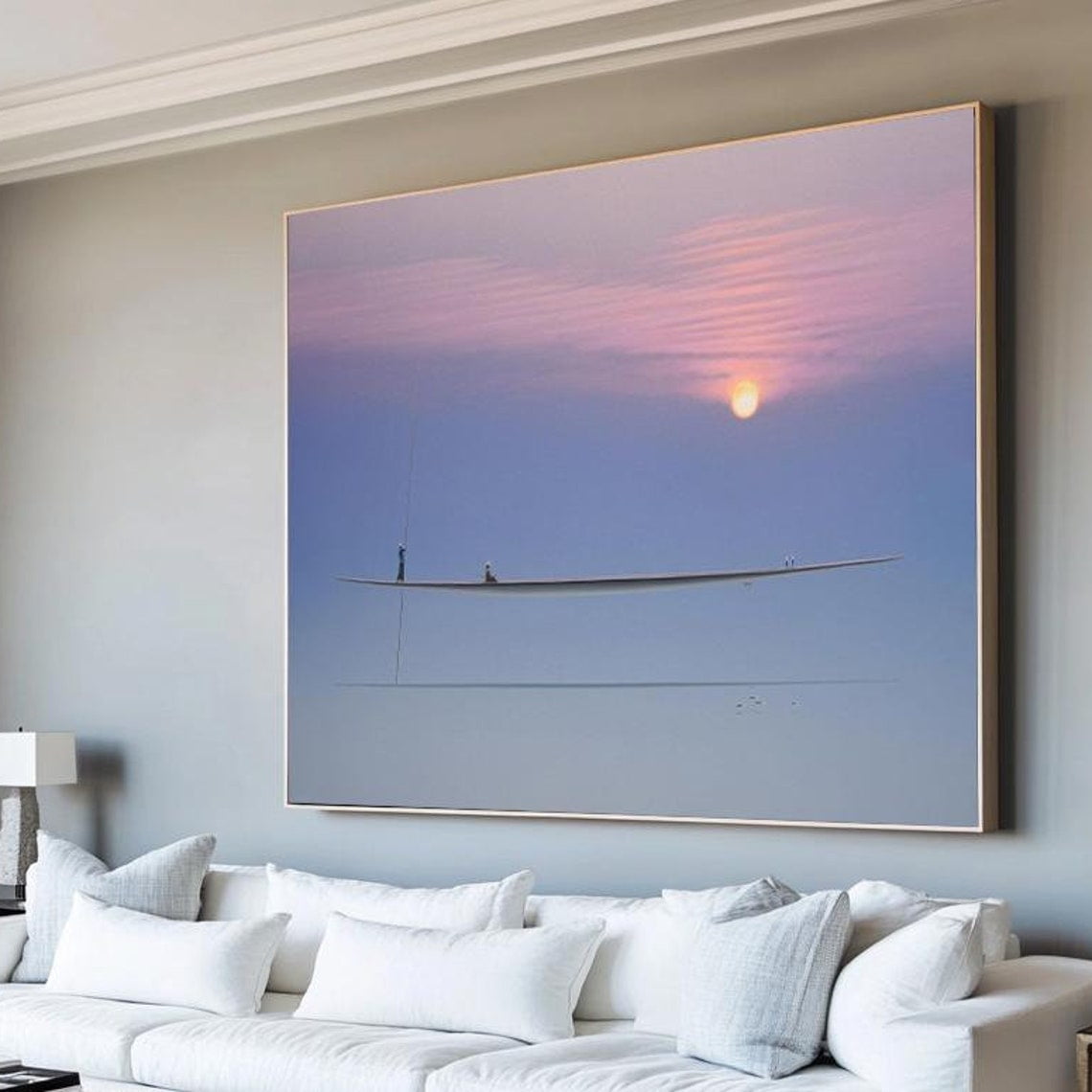 Large Sunrise Over Sea Wall Art, Two People Rowing Boat Painting, Ocean ...