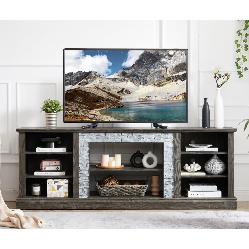 Large TV Desk Storage Rack with Faux Stacked Stone Surround,Media ...