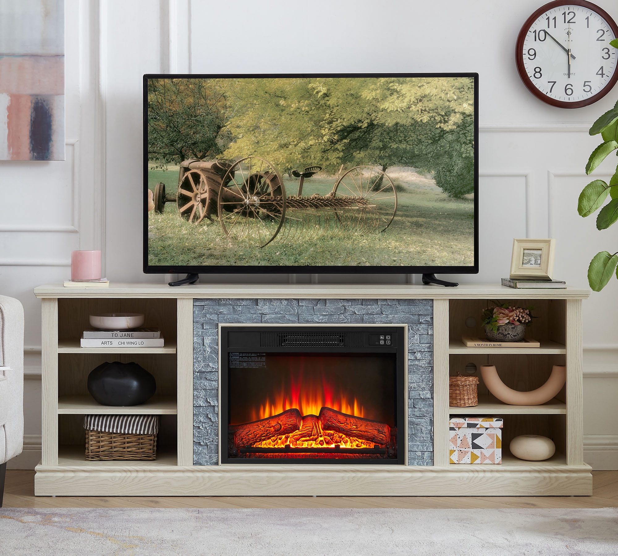Large TV Desk Storage Rack with Faux Stacked Stone Surround,Media ...