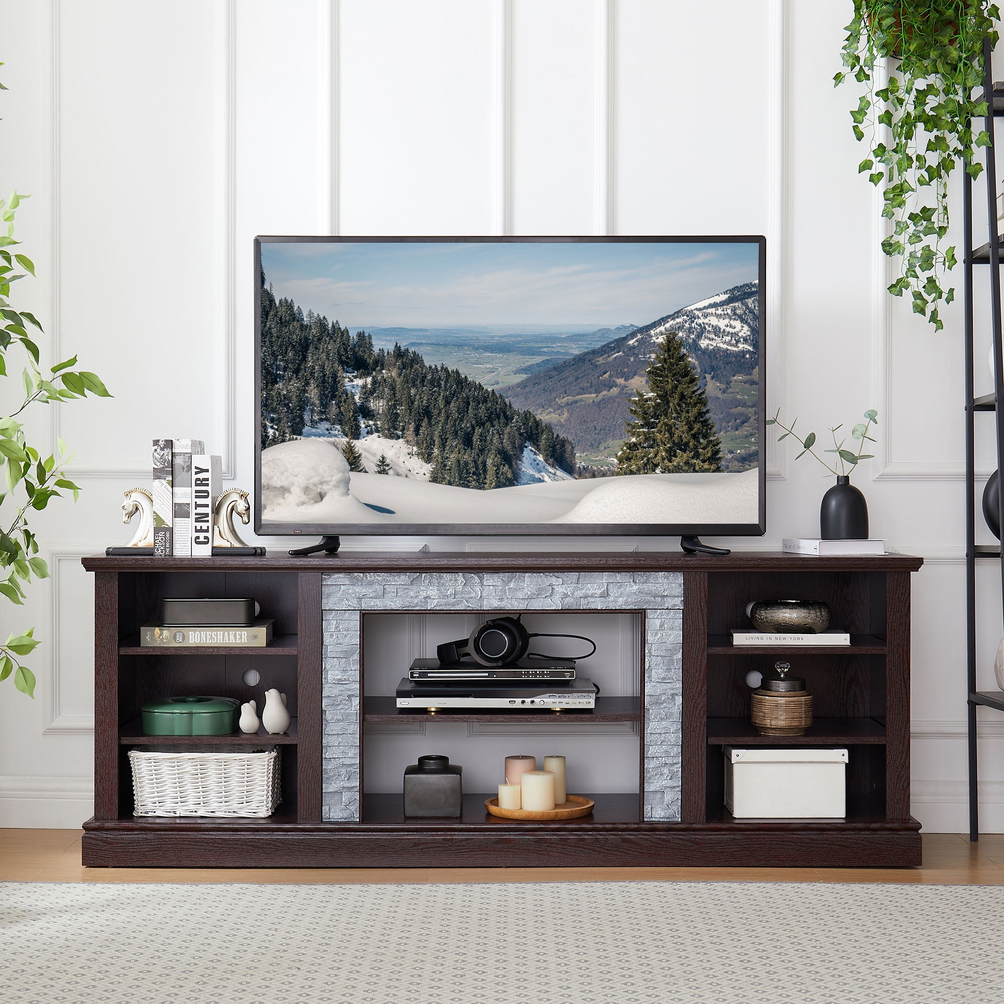 Large TV Stand Faux Stacked Stone 70.12" Width Storage Cabinet Modern ...