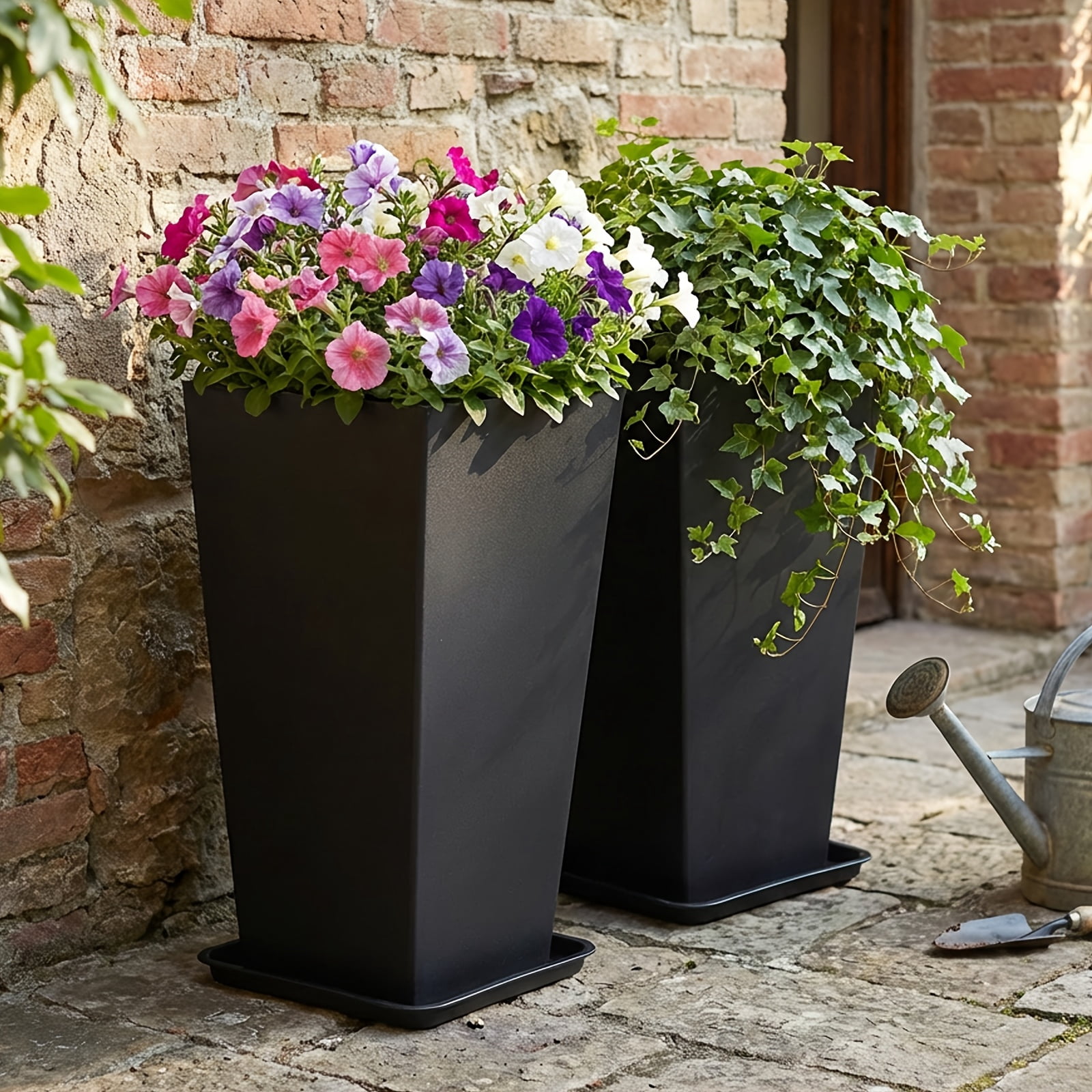 Large Tall Planters Set of 2, Black Outdoor Indoor Planters with ...