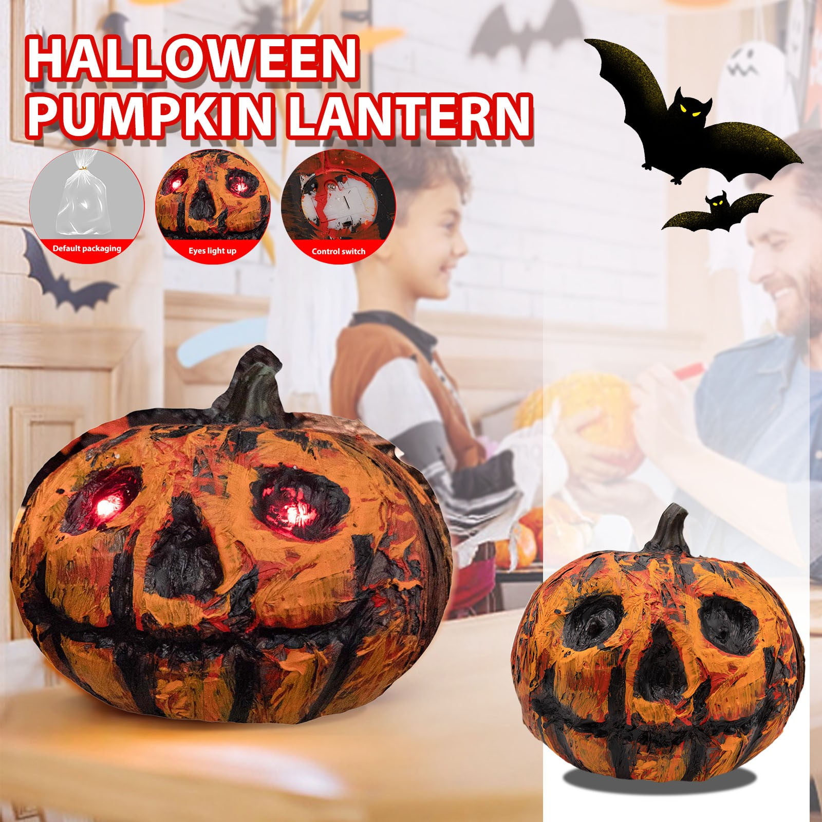 Large Textured Latex Scary Pumpkin Decor with Led Lights, Sound Effects ...