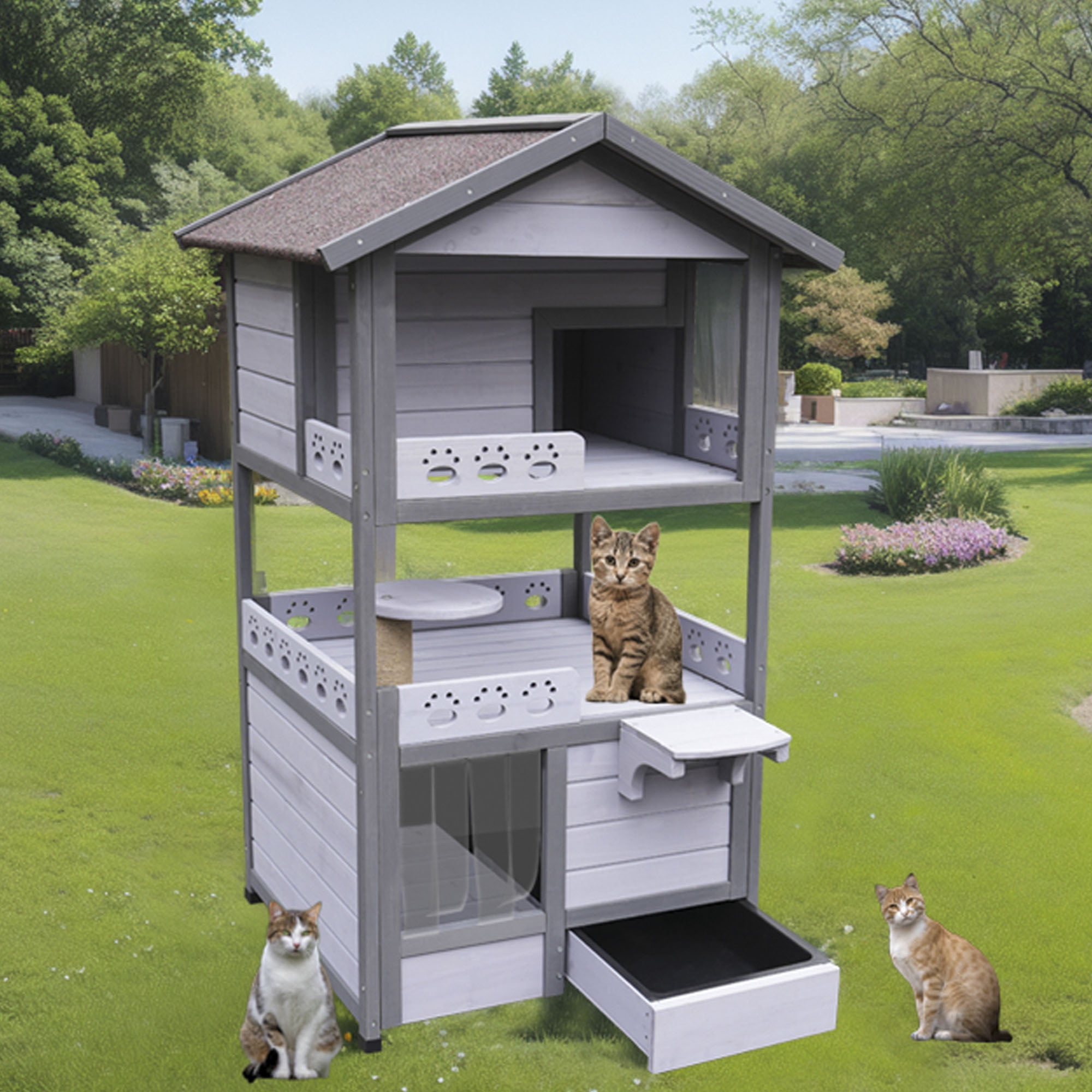 Large Three Story Outdoor Cat House with Balcony for Multiple Cats ...