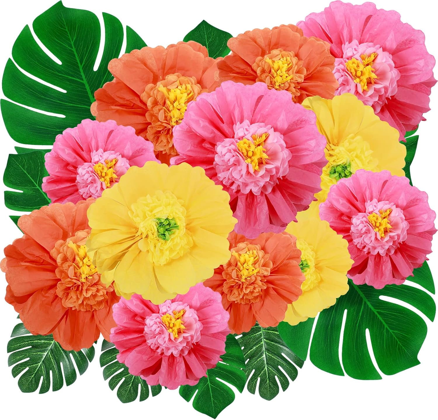 Large Tissue Paper Flowers Faux Palm Leaves Set, 24'' /12'' Colorful ...