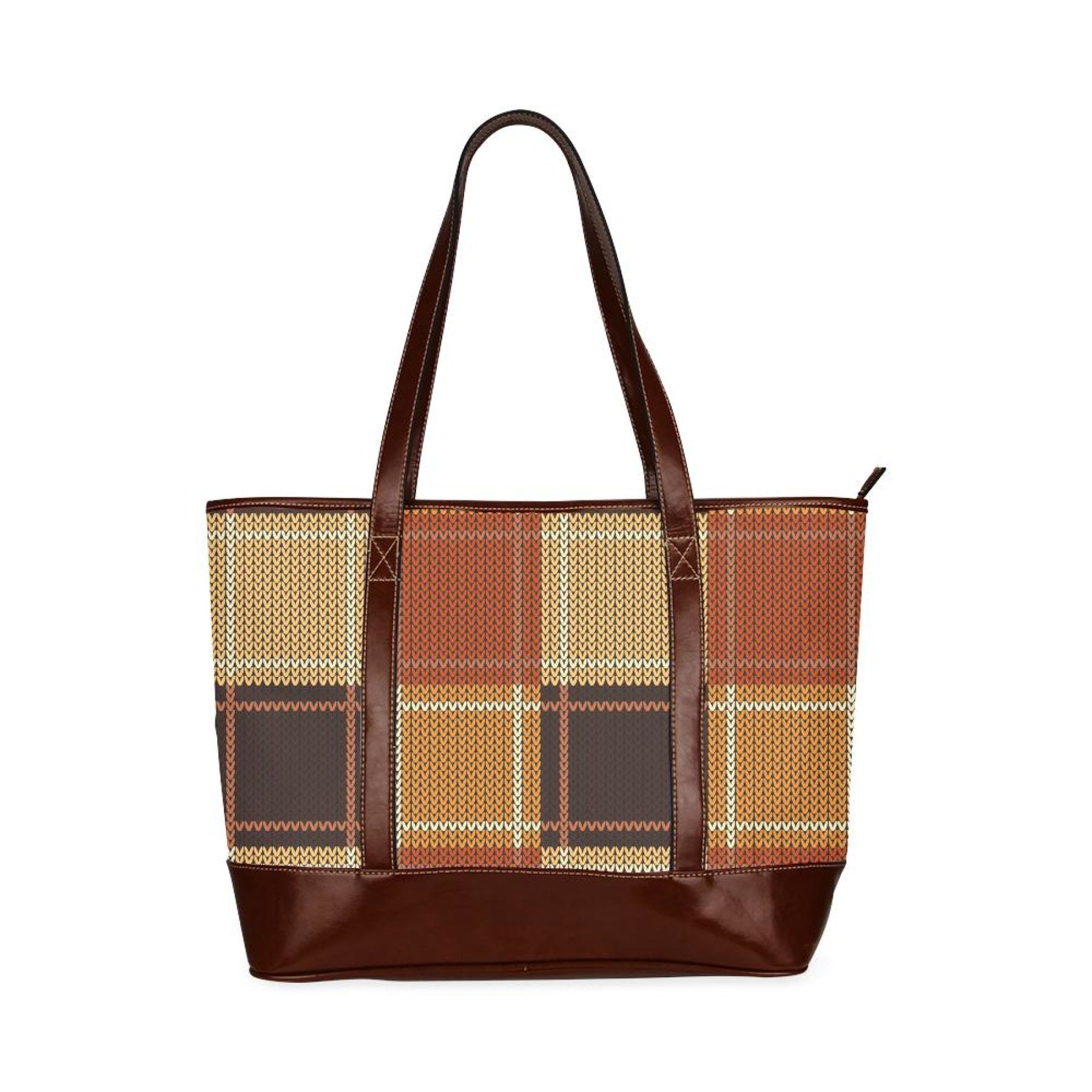 Large Tote Bags, Brown Checker Style Brown Leather Handle Zip Close Bag ...