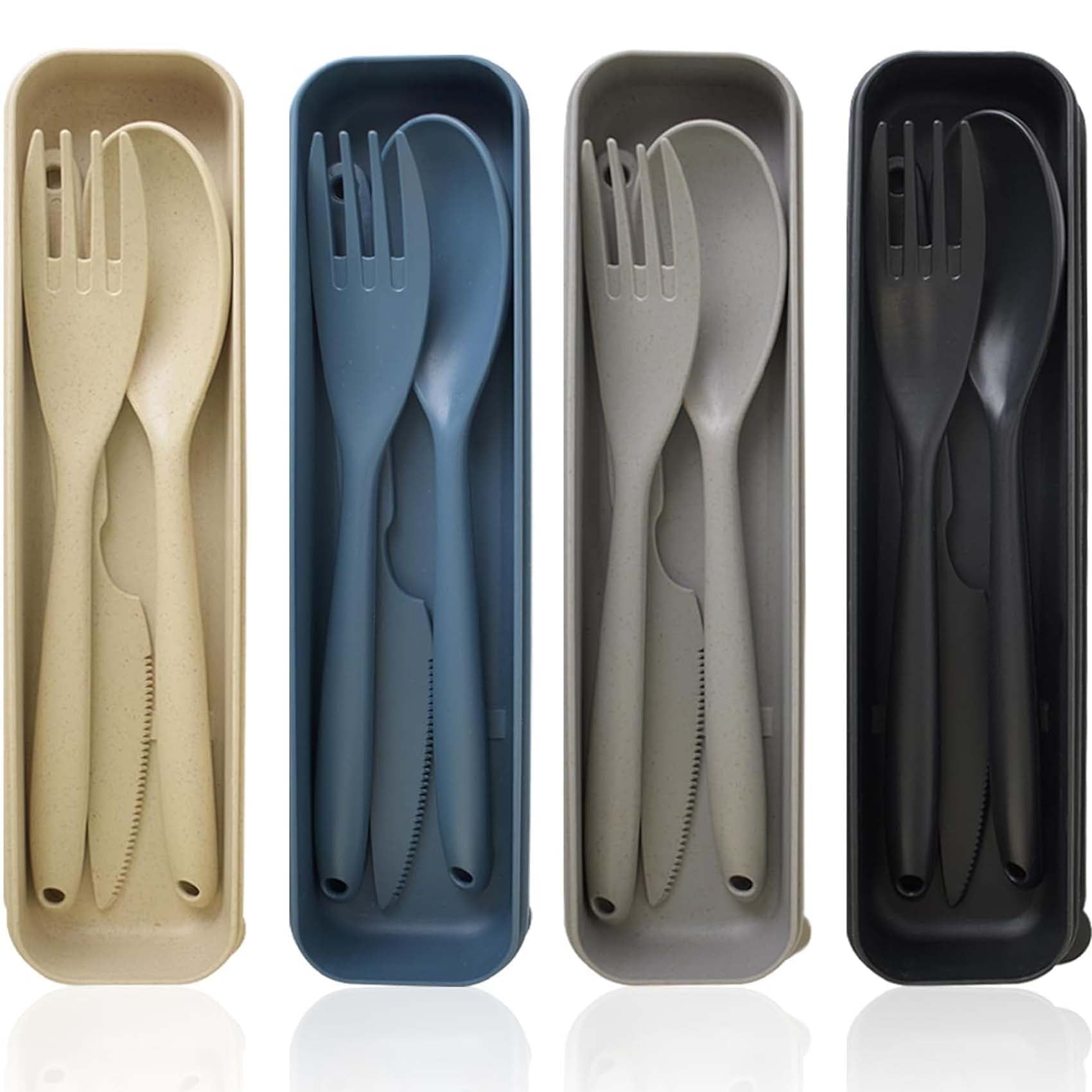 Large Travel Utensils with Case, 4 Pack Wheat Straw Flatware Reusable ...