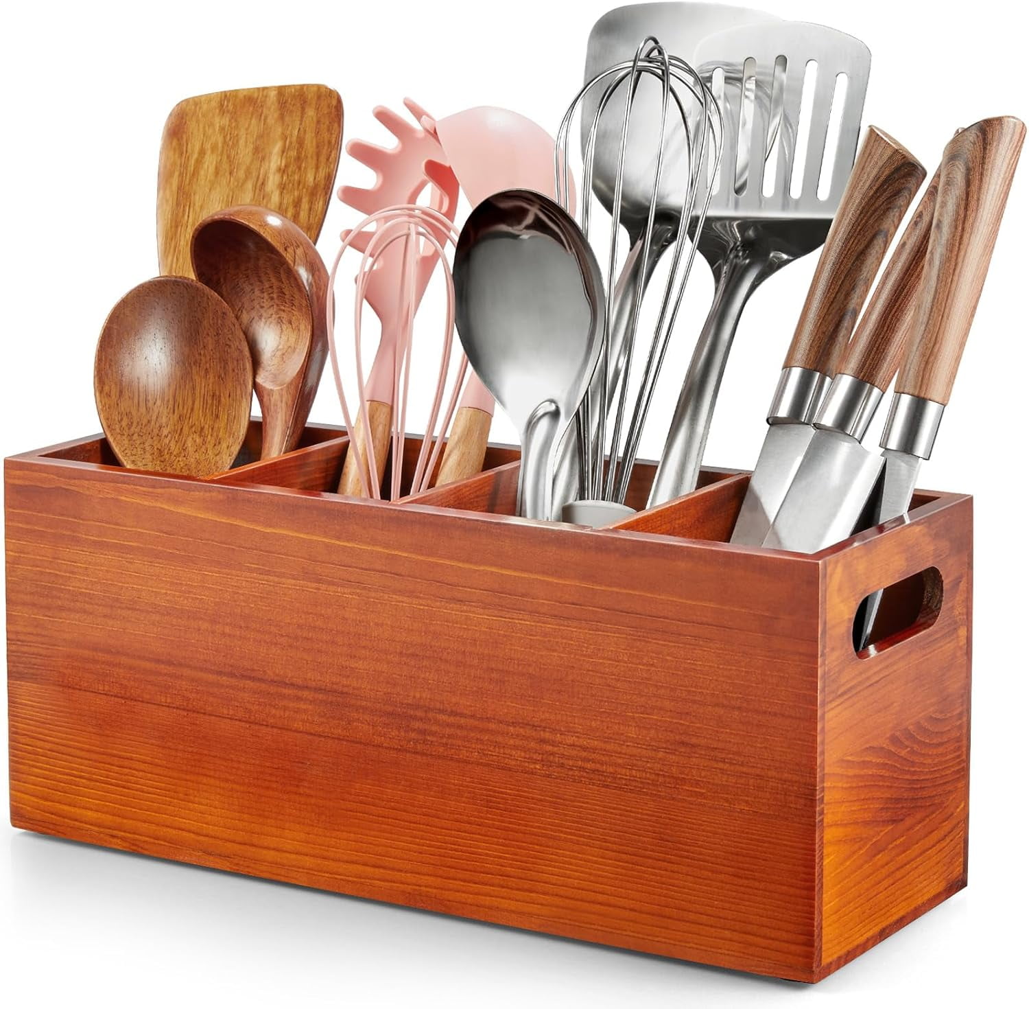 Large Utensil Holder with Removable Divider - 4 Compartment Wooden ...