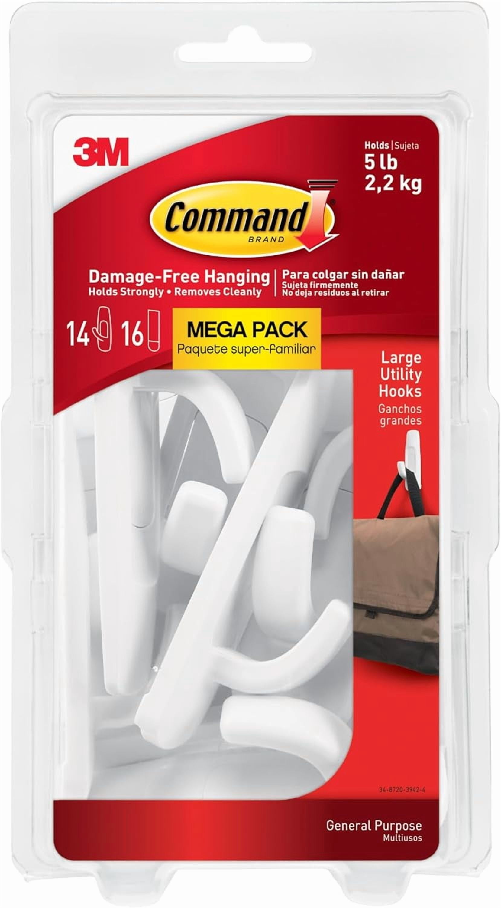 Large Utility Hook Mega Pack, White, 14-Hooks, 16-Strips, Organize ...