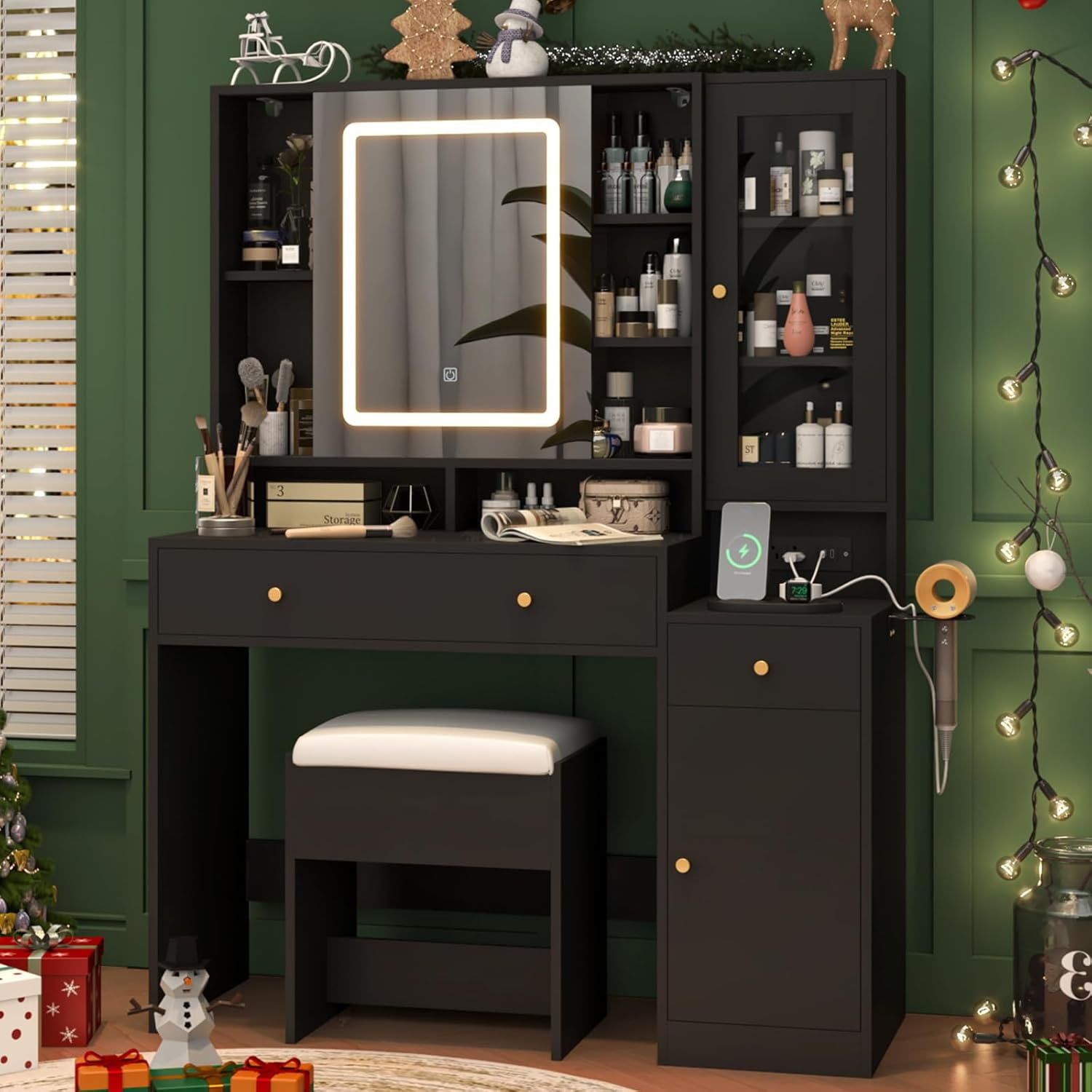 Large Vanity Desk with Lights & Sliding Mirror, Modern Vanity Makeup ...