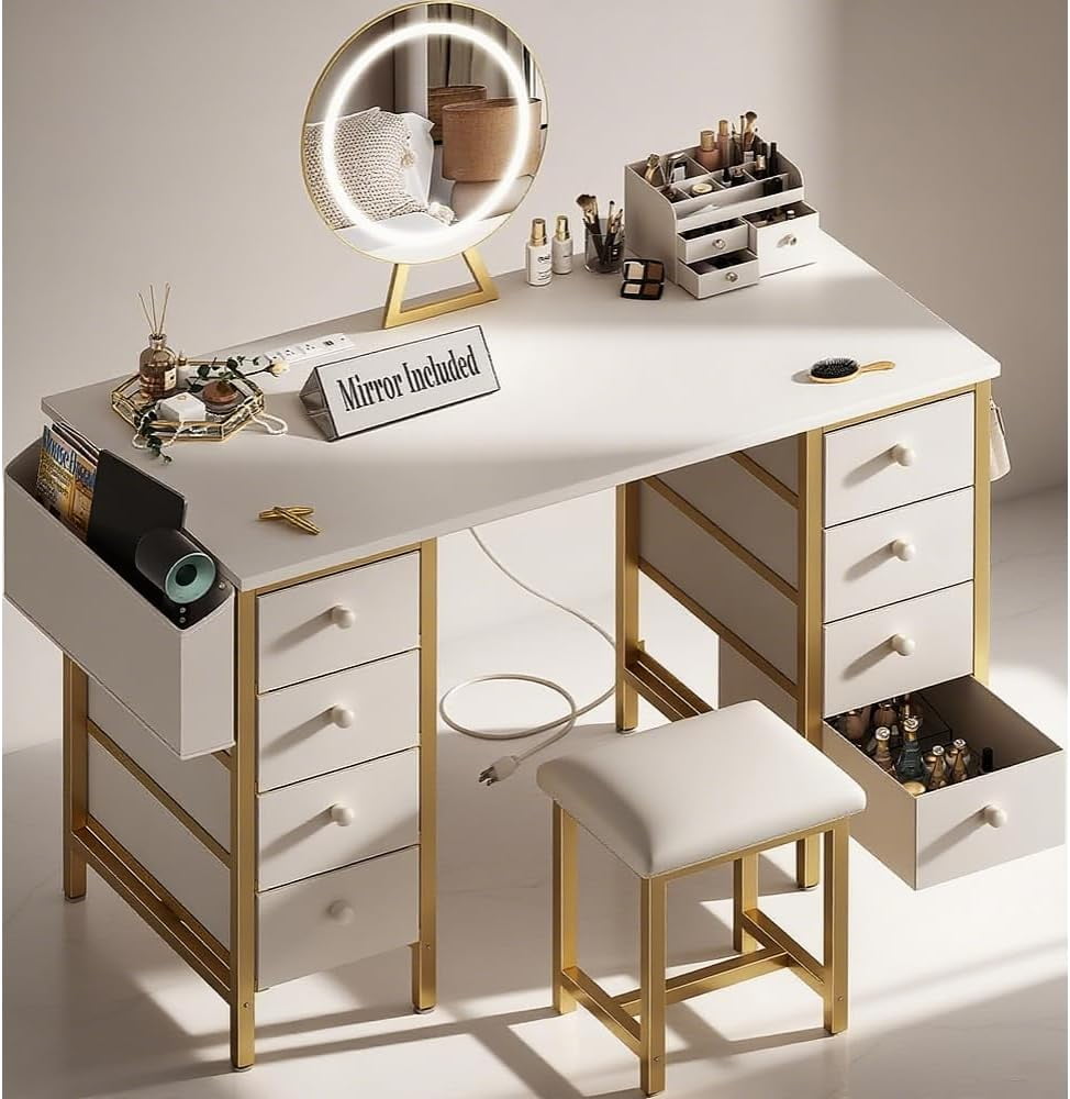Large Vanity Desk with Mirror and Light- Makeup Vanity Set Table with ...