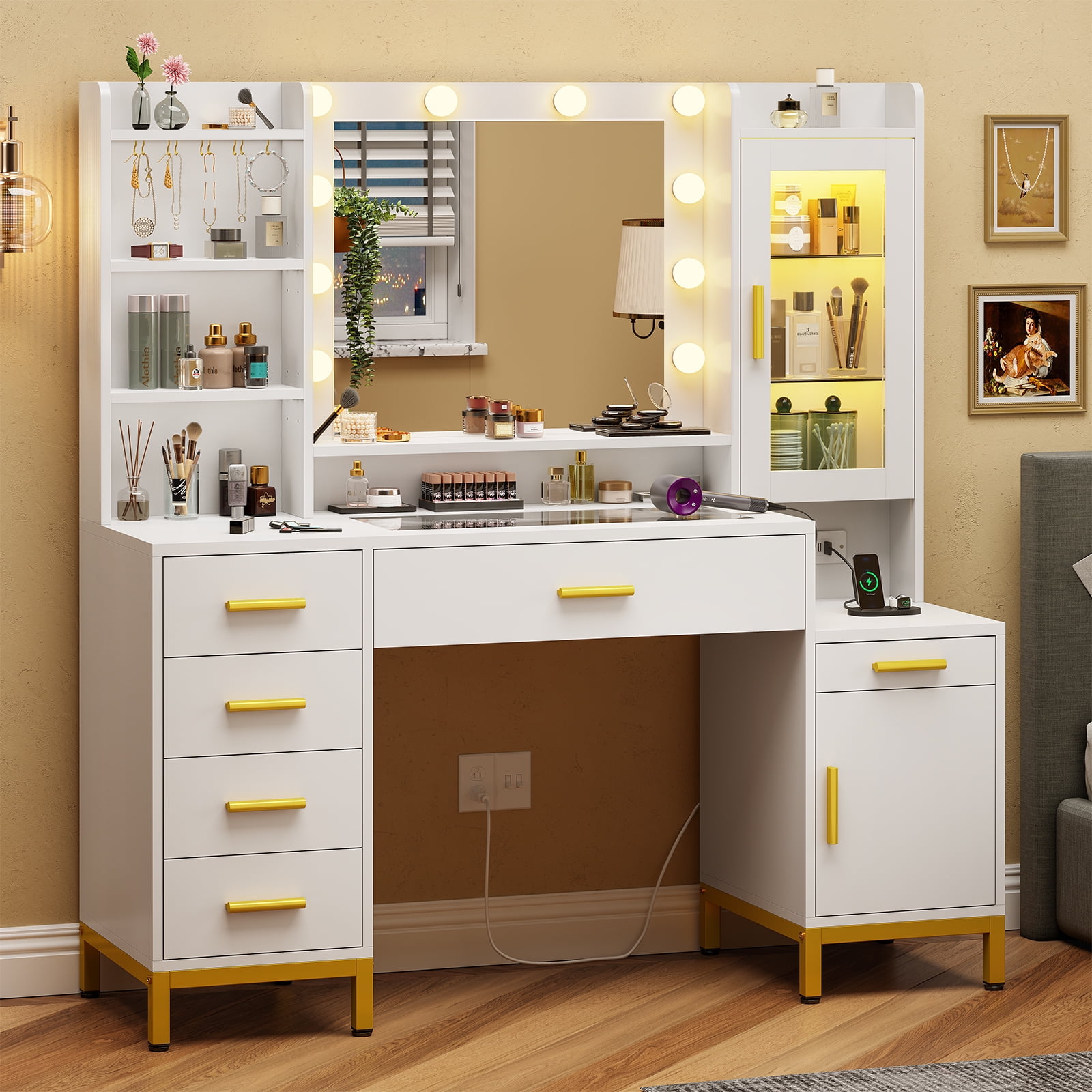 ADORNEVE Polygonal Vanity Desk with LED Lights, Charging Station ...