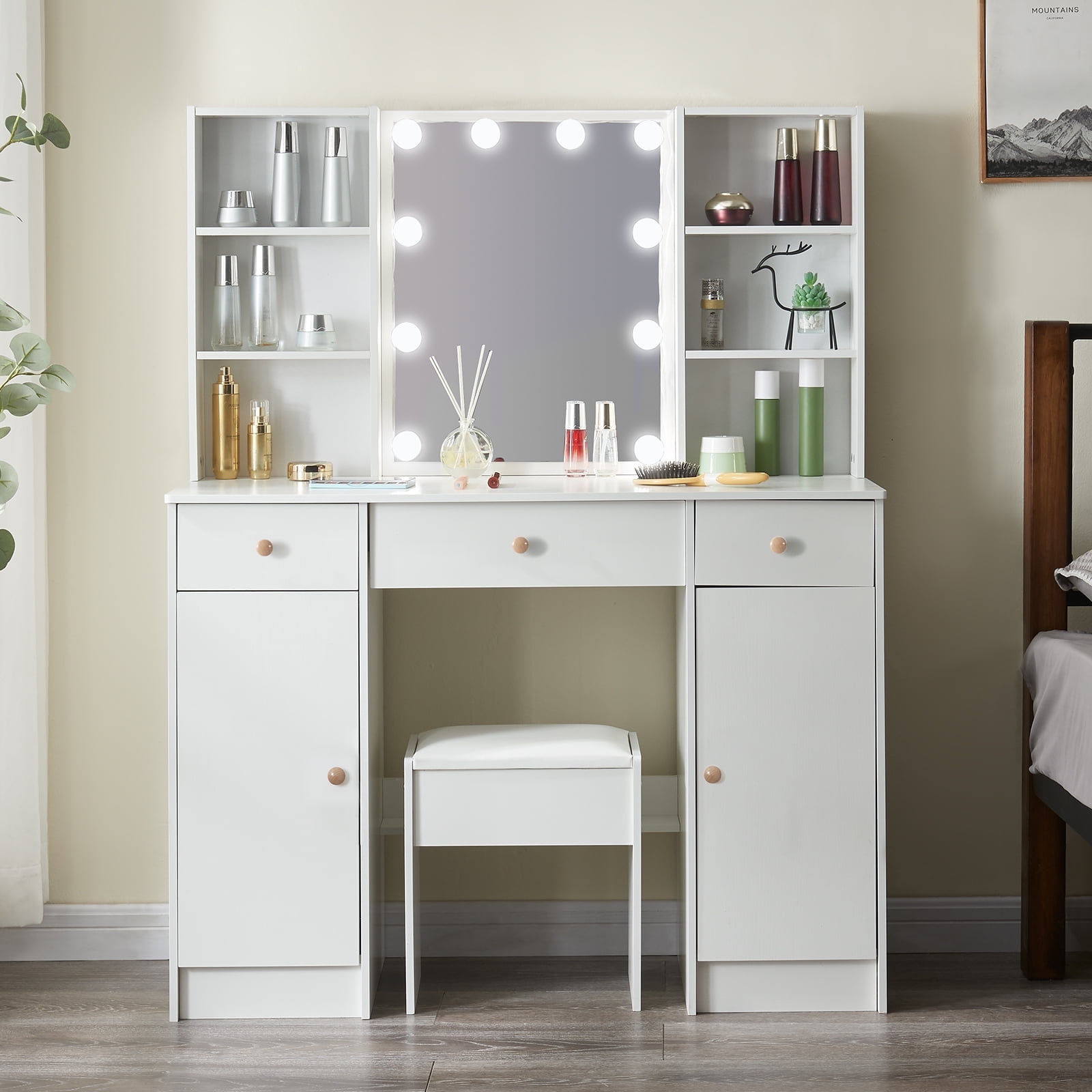Walmart Modern Vanity Makeup Desk Set with Large LED Lighted Mirror, 3 ...