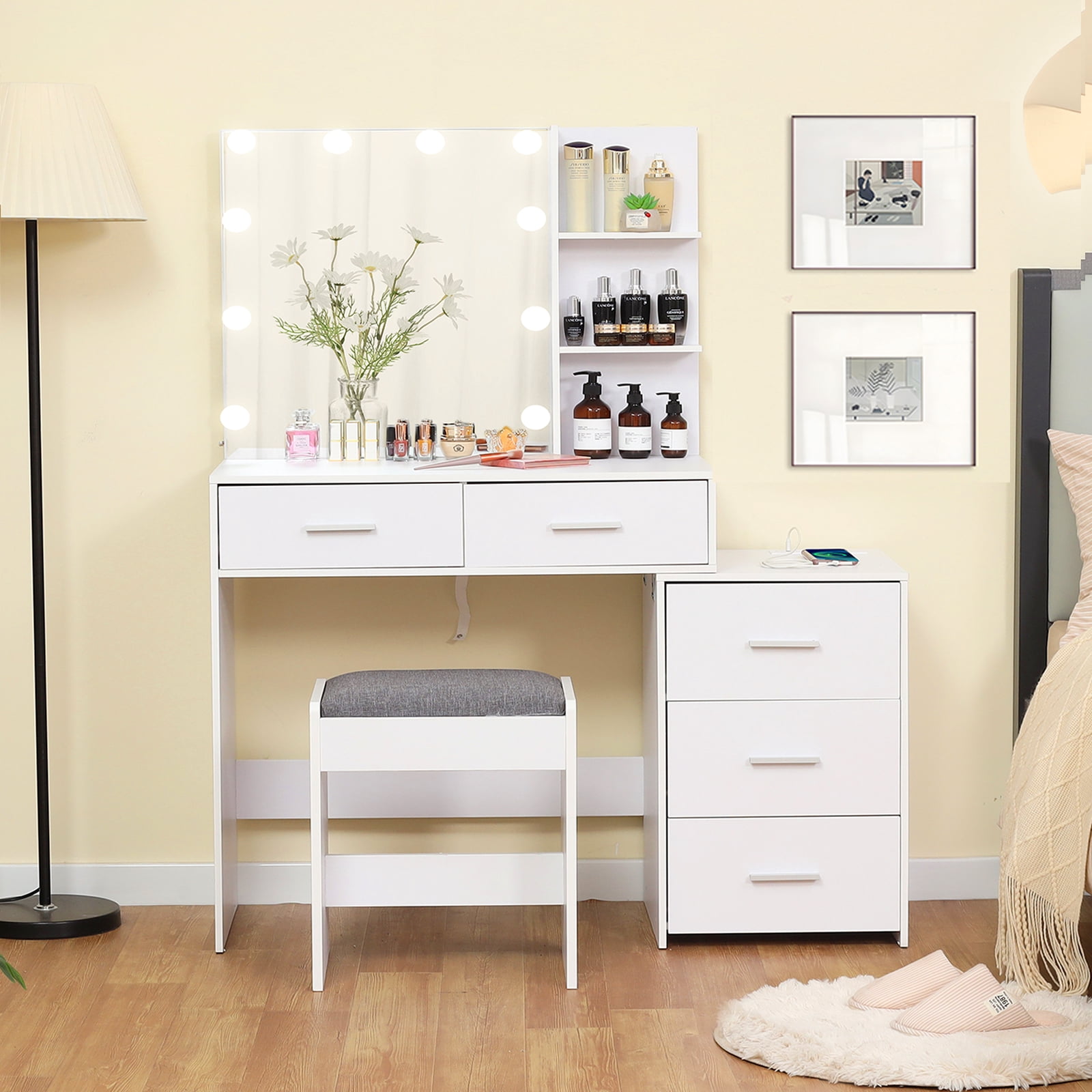 Large Vanity Set with 10 LED Lights and Charging Station, Makeup Vanity ...