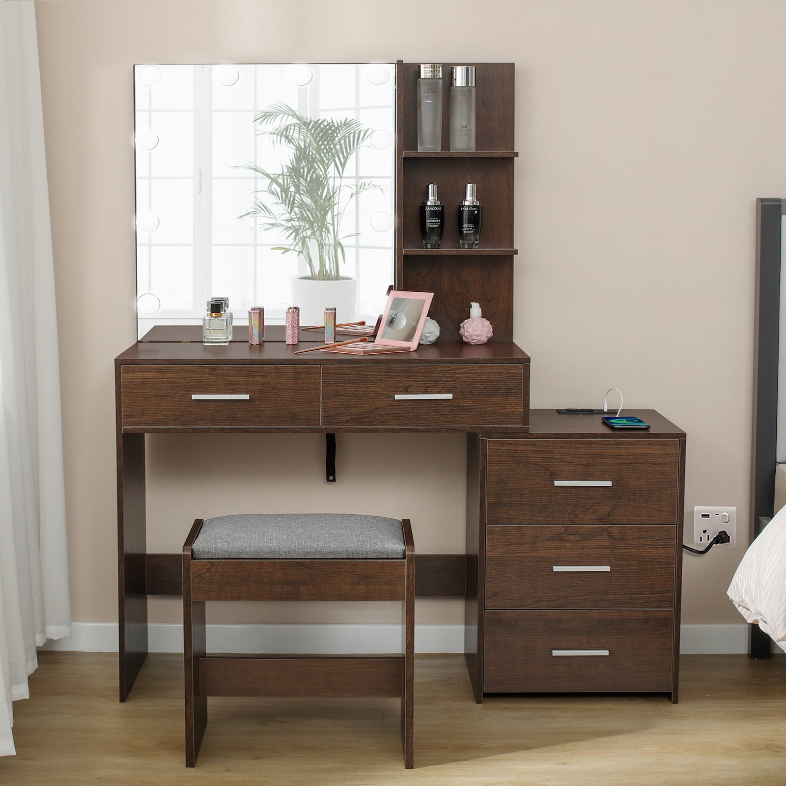 Large Vanity Set with 10 LED Lights and Charging Station, Makeup Vanity ...