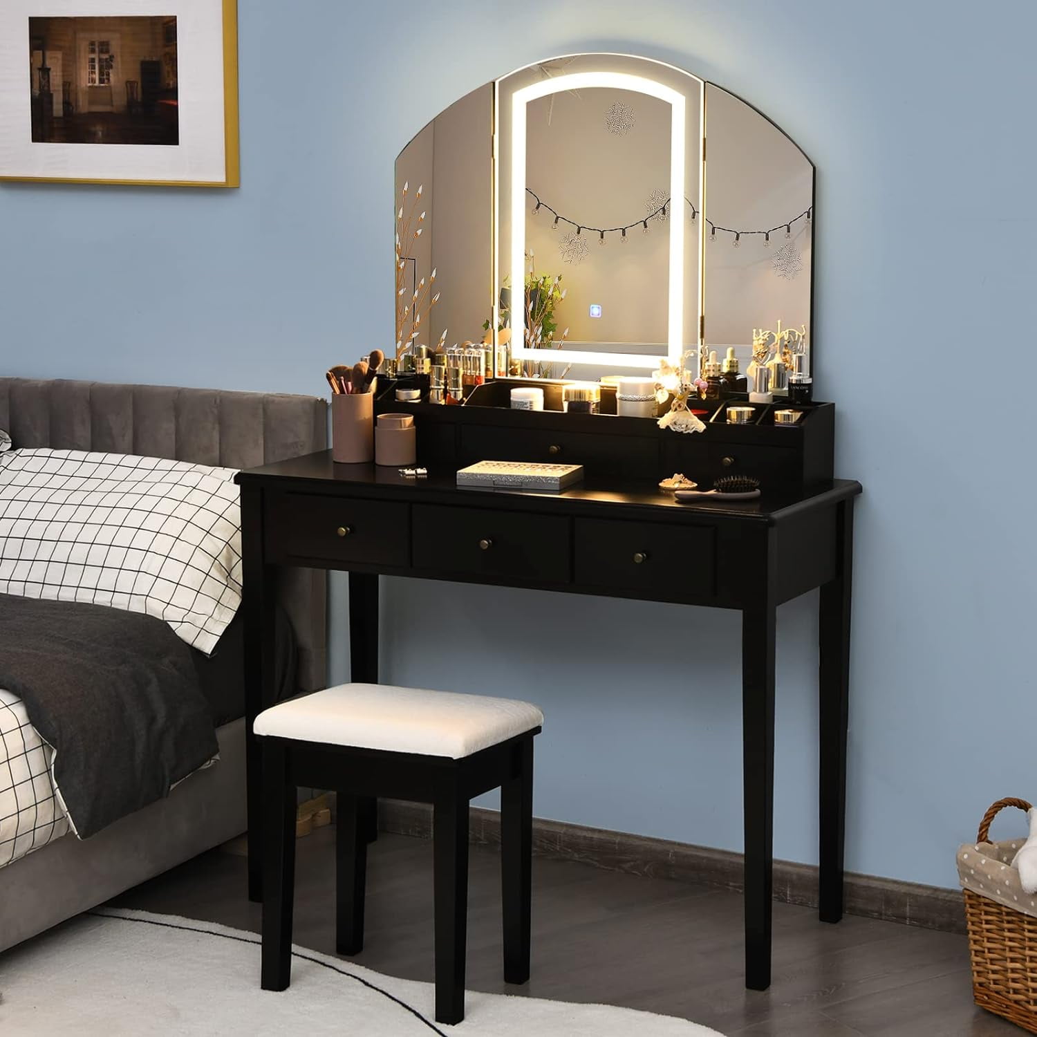 Large Vanity Set With Tri-Folding Lighted Mirror, 3 Color Lighting ...
