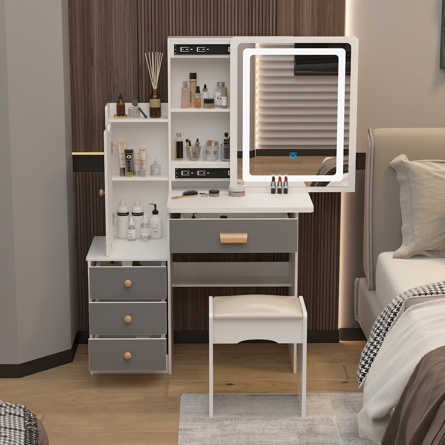 Large Vanity Set with Lighted Mirror, Cushioned Stool & Storage ...