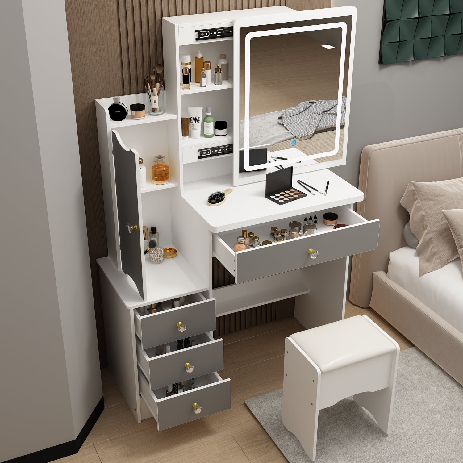 Large Vanity Set with Lighted Mirror, Cushioned Stool & Storage ...