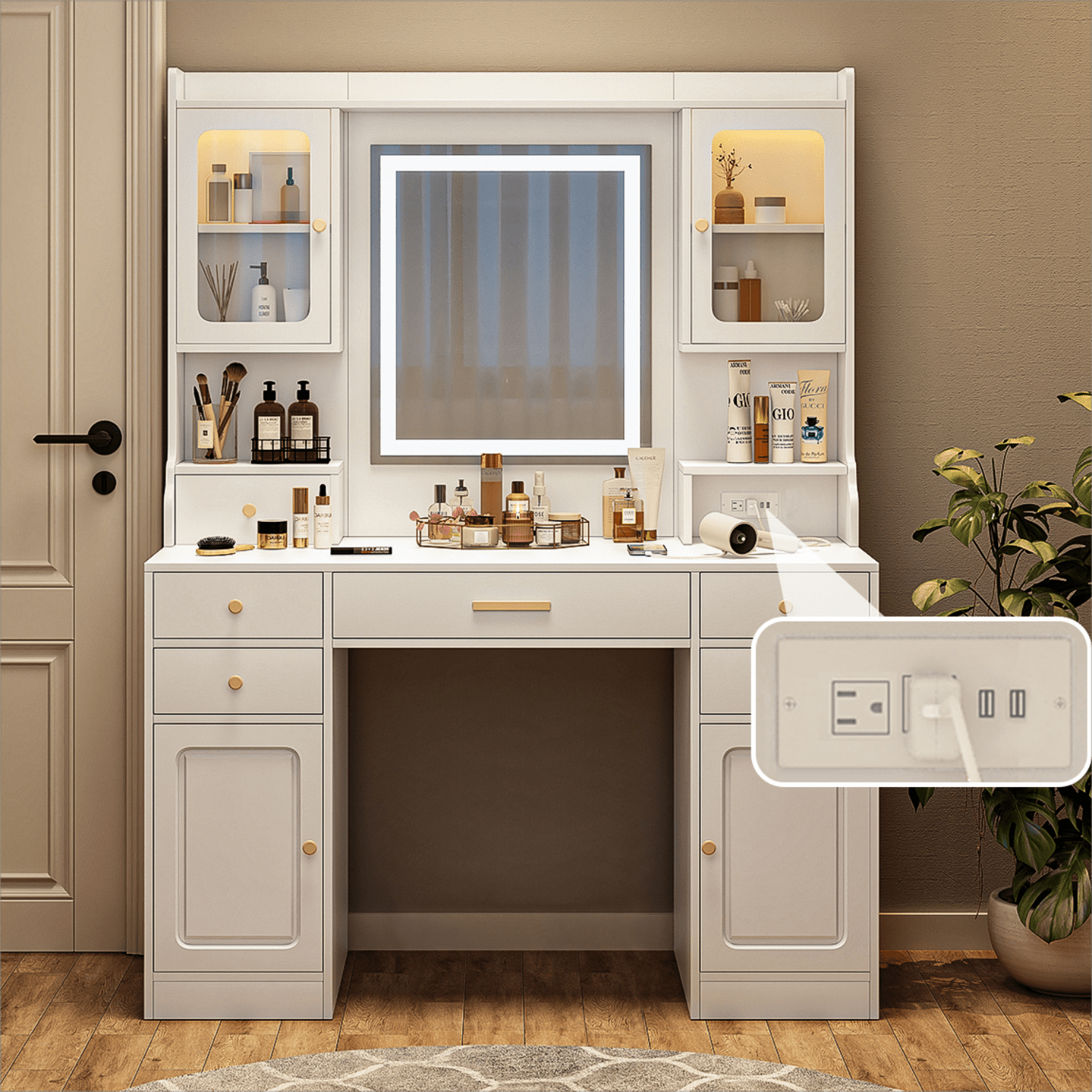 Large Vanity Set with Lighted Mirror, Makeup Vanity Desk Set with Power ...