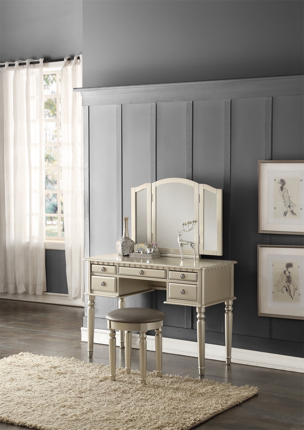 Large Vanity Table Set with Cushioned Stool, Bedroom Vintage Makeup ...