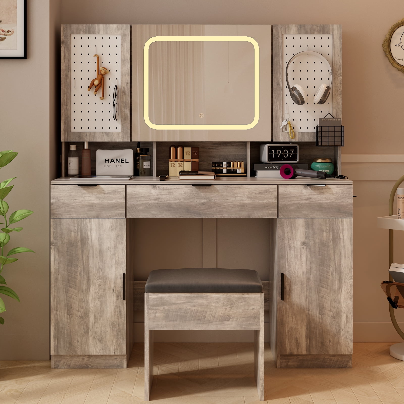 Large Vanity Table Set with LED Lighted Mirror and 2 DIY Pegboards, 5 ...