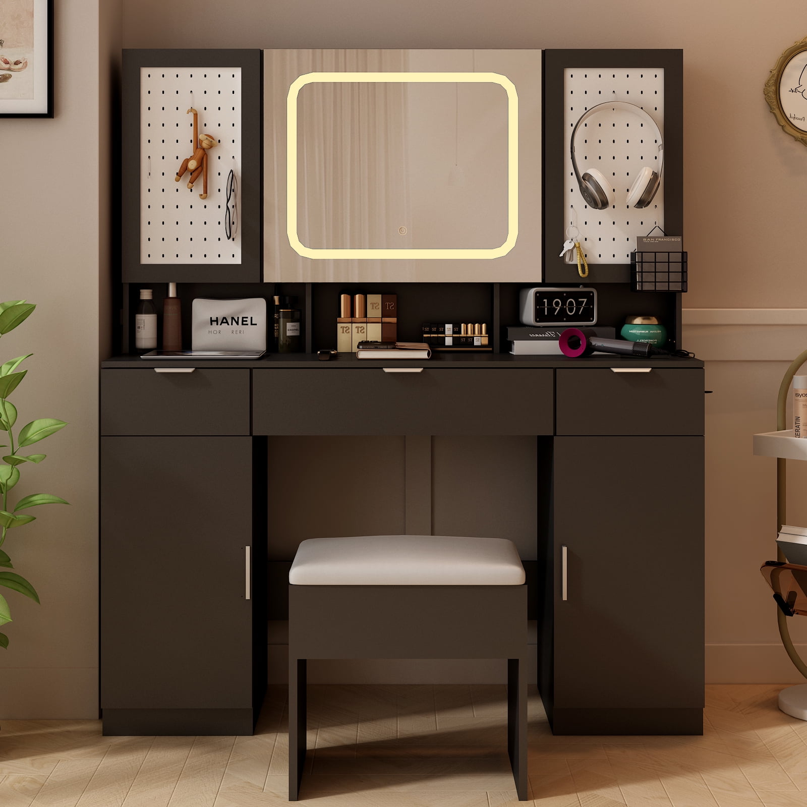Large Vanity Table Set with LED Lighted Mirror and 2 DIY Pegboards, 5 ...