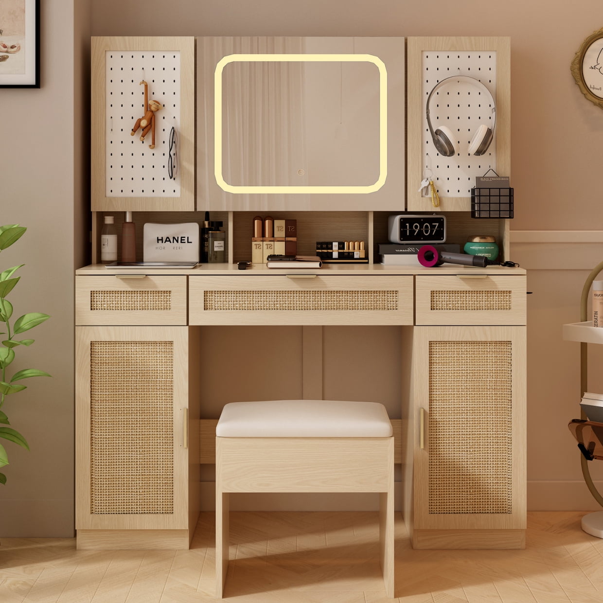 Large Vanity Table Set with LED Lighted Mirror and Cushioned Stool ...